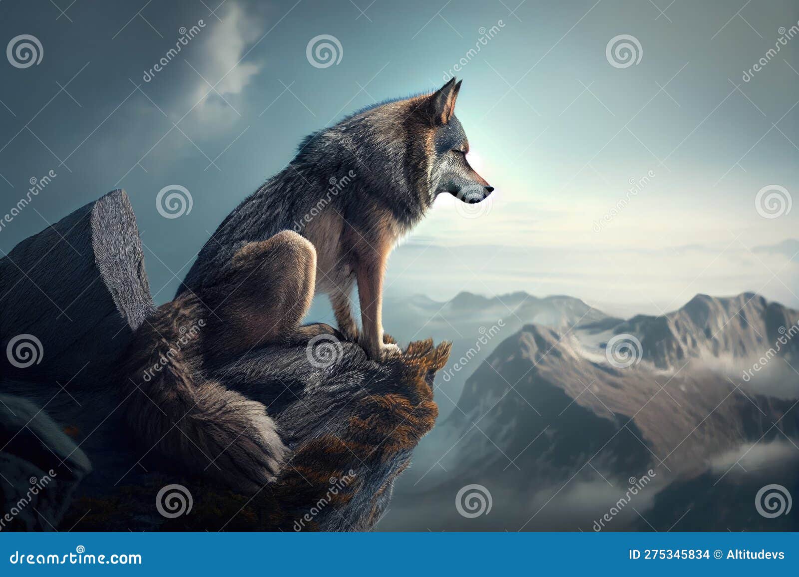 Majestic Wolf Looking Down on the World from His Lofty Perch Stock ...