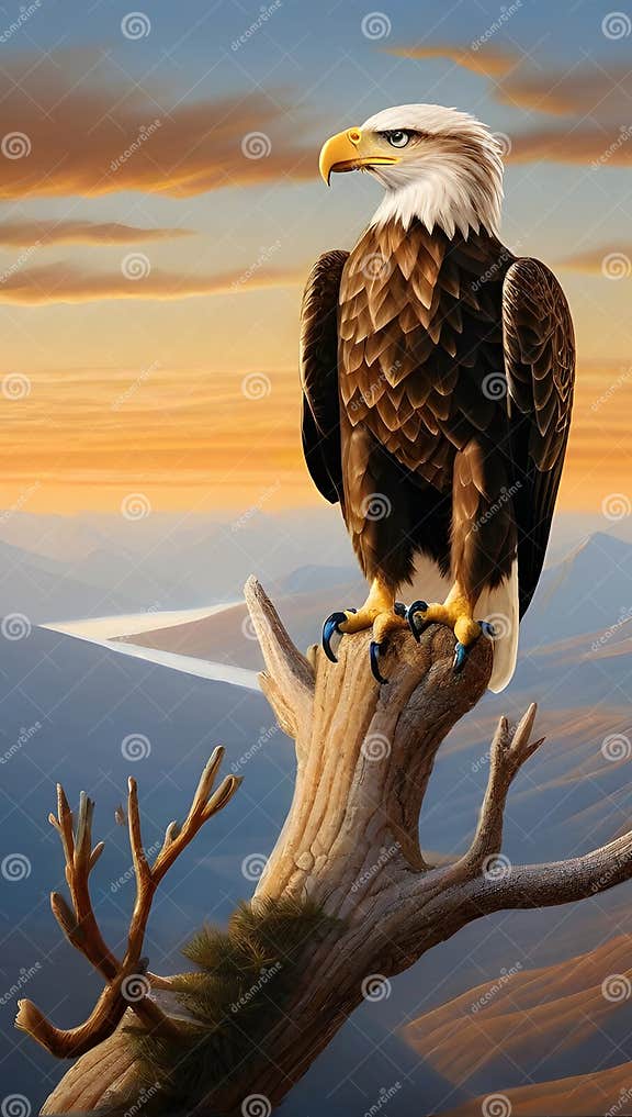 A Majestic Young Eagle Perched Atop a Lofty Tree Branch Stock ...
