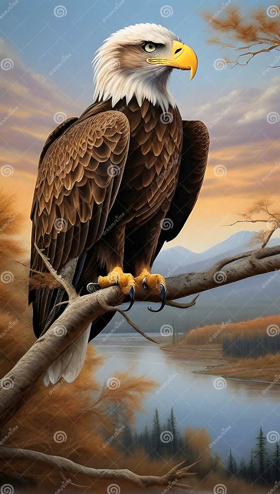 A Majestic Young Eagle Perched Atop a Lofty Tree Branch Stock ...