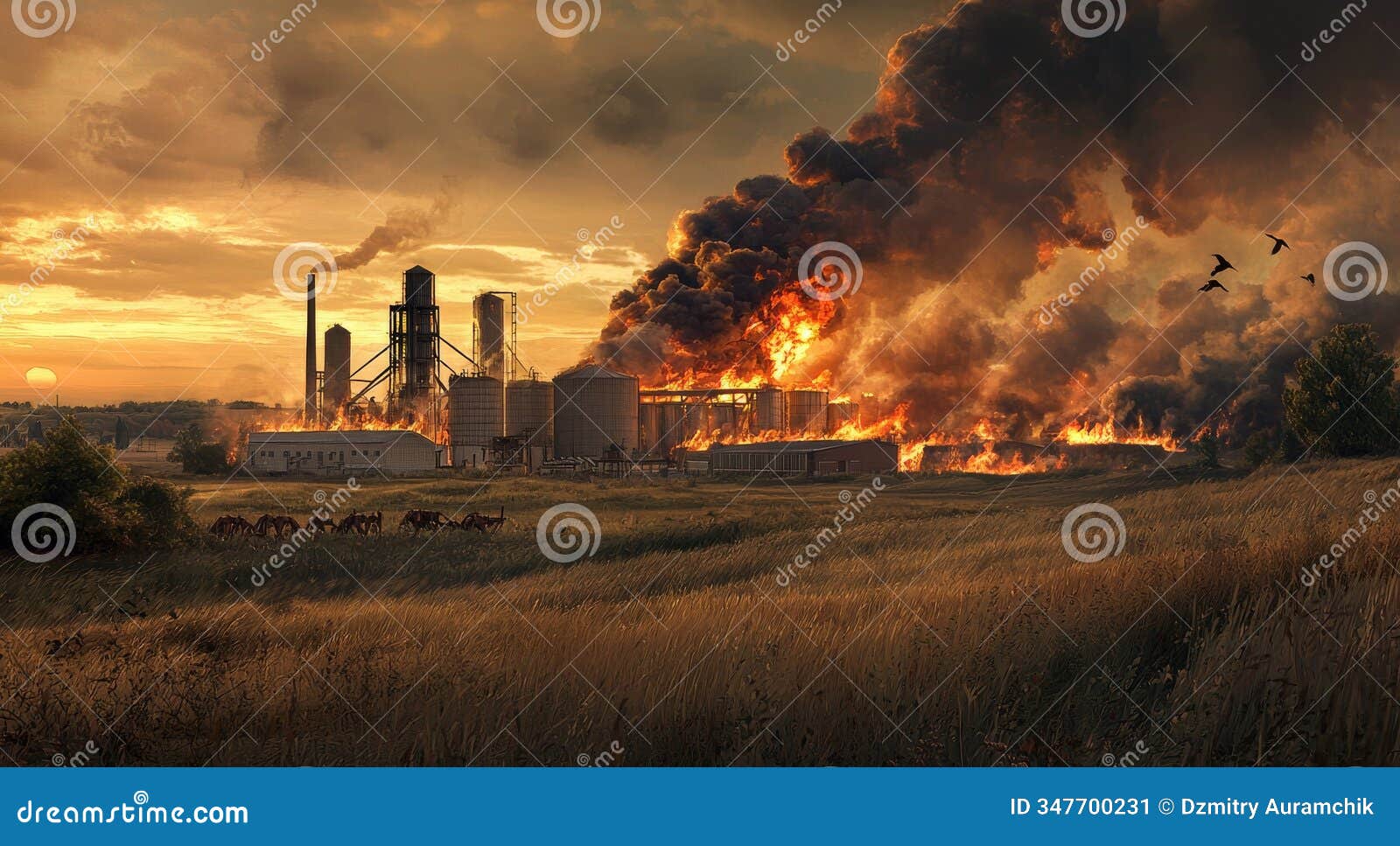 Major Industrial Plant Explosion, Creating Heavy Smoke Clouds. Stock ...