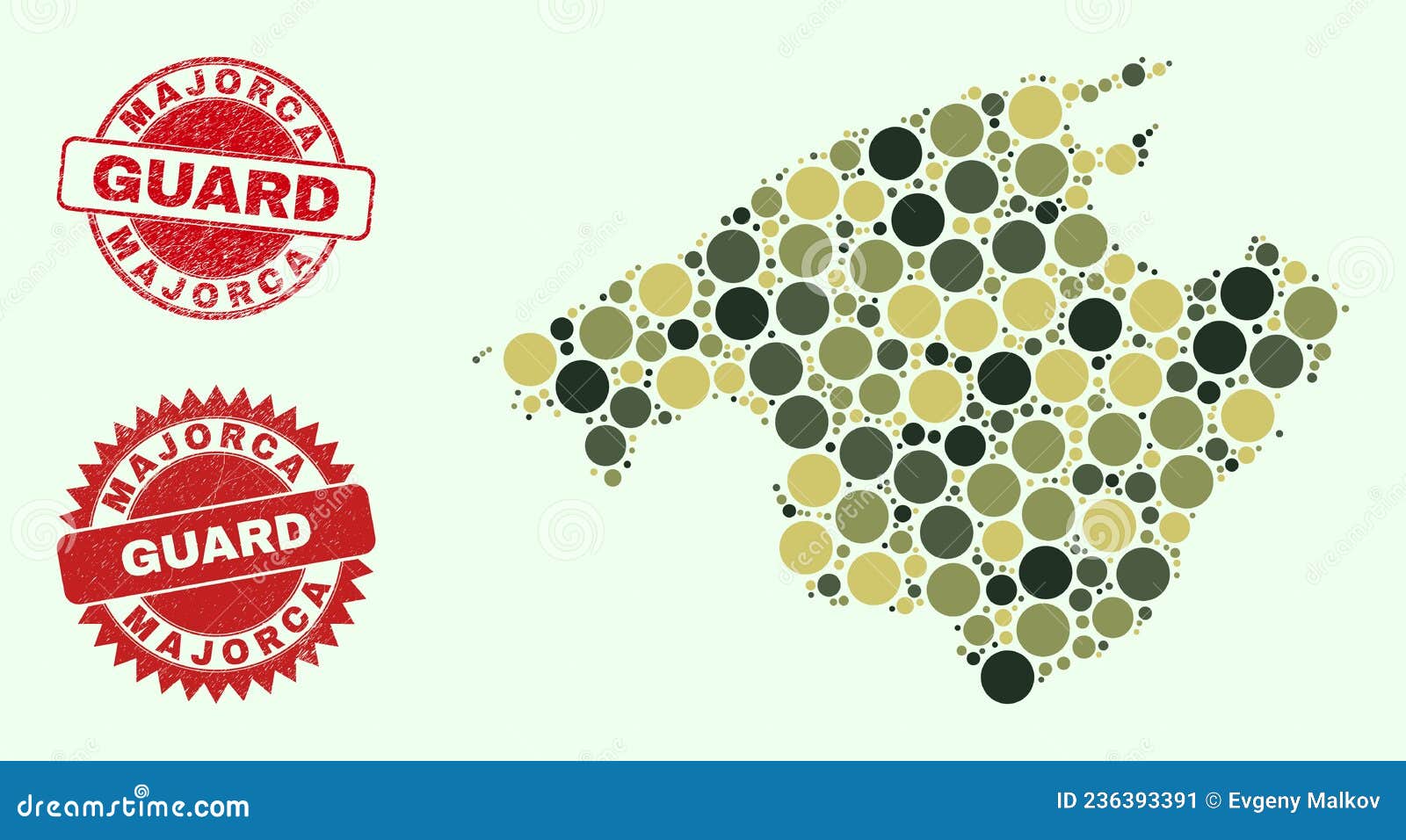 Majorca Map Collage with Khaki Military Circle Items with Scratched ...