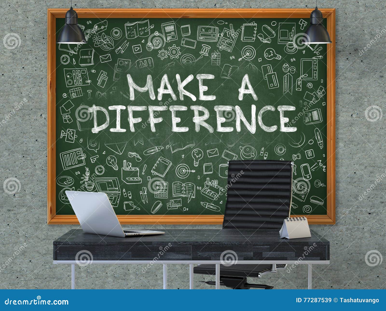 Make a Difference on Chalkboard with Doodle Icons. 3D Render. Stock ...