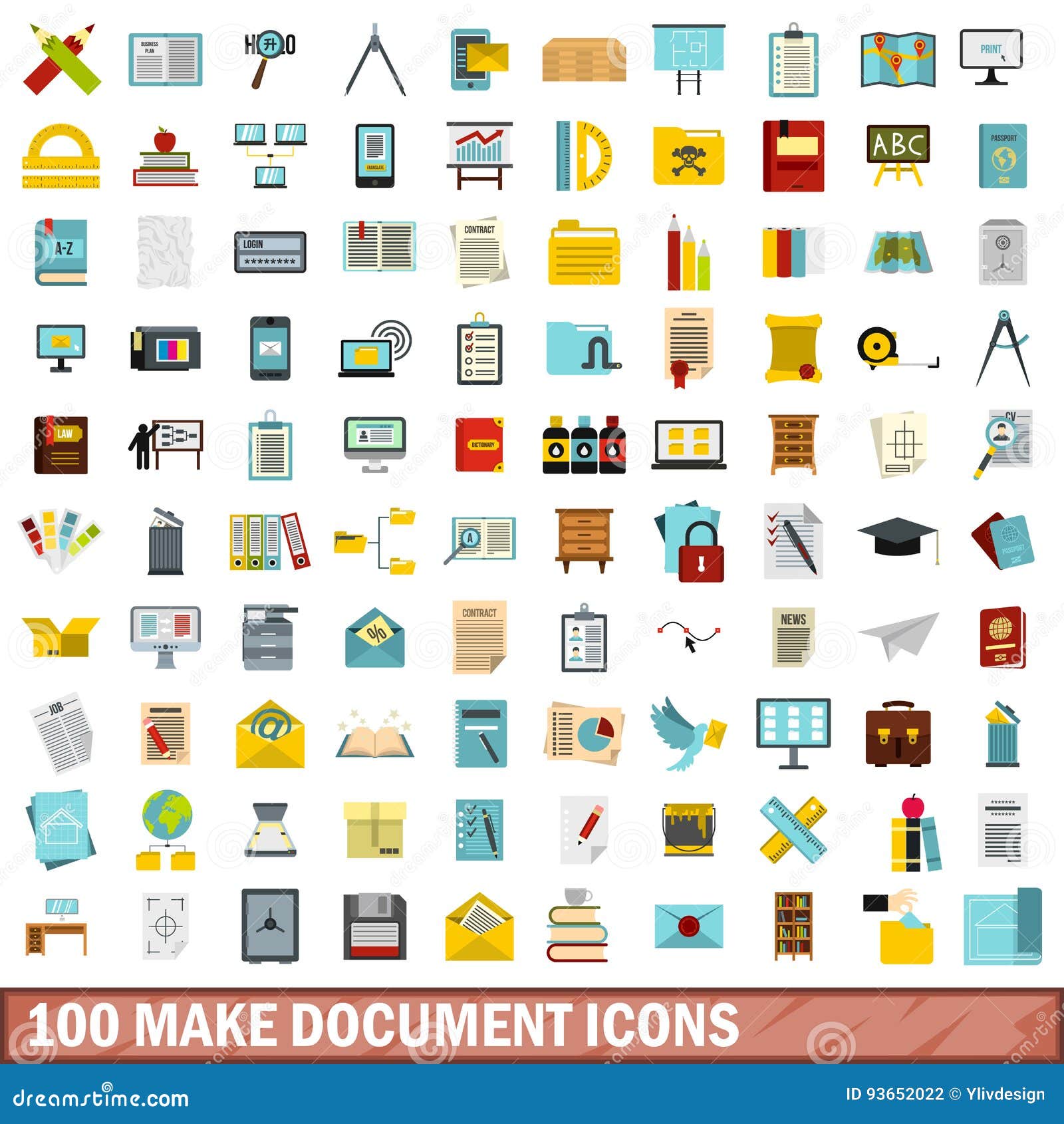 100 Make Document Icons Set, Flat Style Stock Vector - Illustration of ...