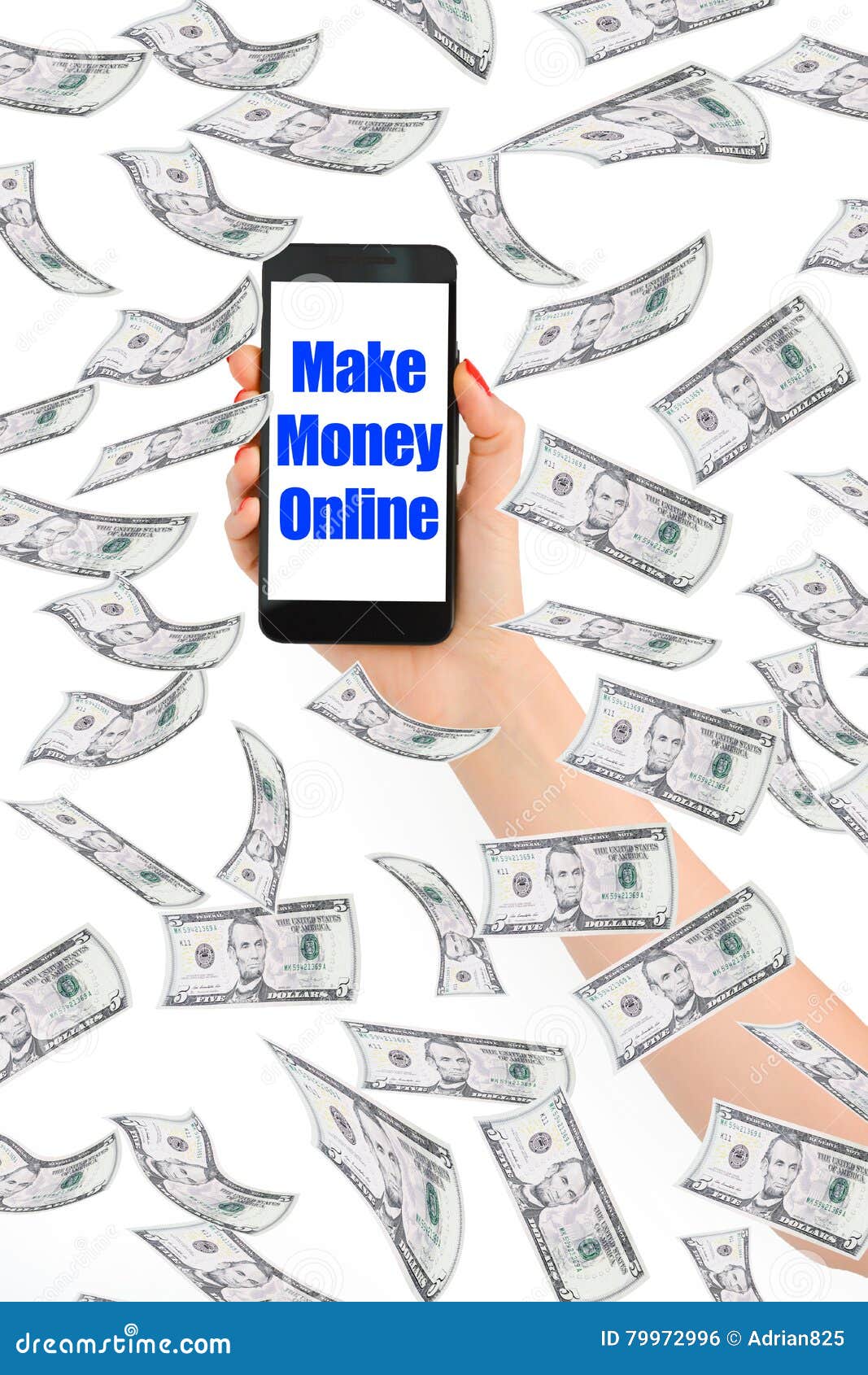 Make Money Online, Message on Smartphone with Flying Money Stock Photo ...