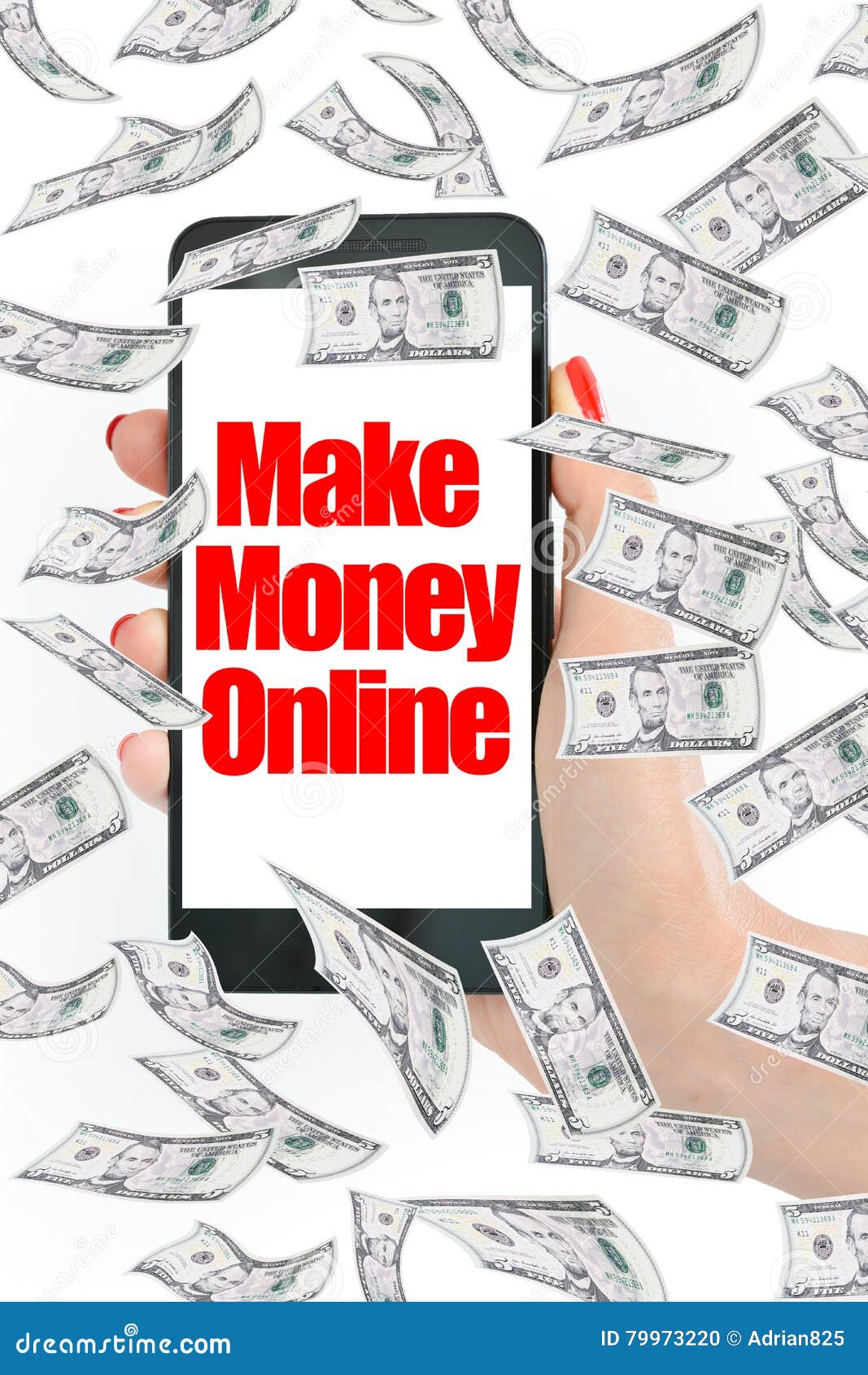 Make Money Online, Message on Smartphone with Flying Money Stock Photo ...