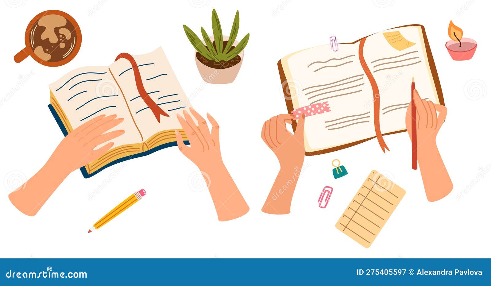 Hand Making Note. Reading a Book, Writing Plans on Sticky Memo Notes ...