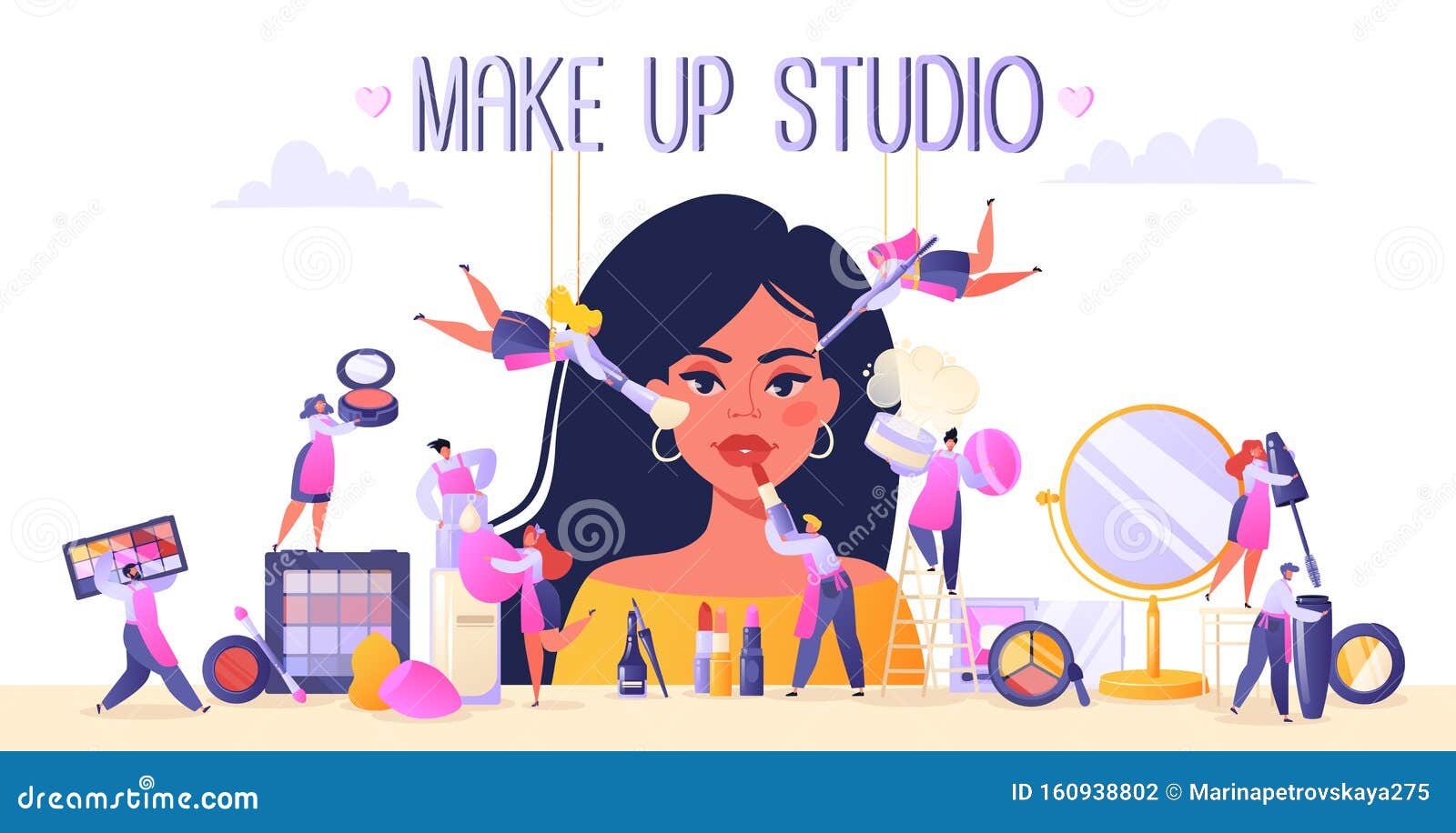 Girl in Make Up Studio. Small Flat People Characters Serve a Client ...