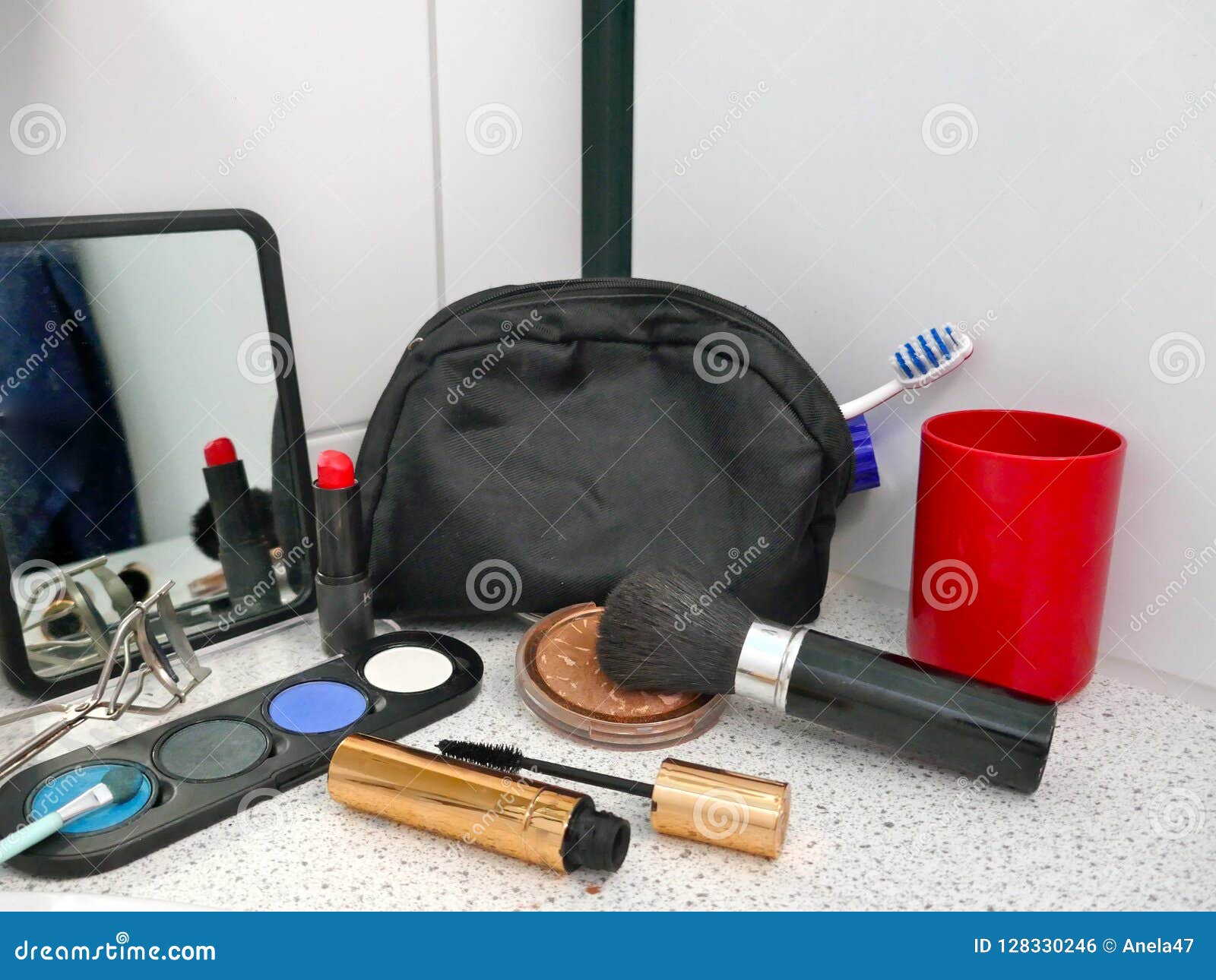 Make-up Accessories in a Bathroom for daily Beautification. Stock Photo ...