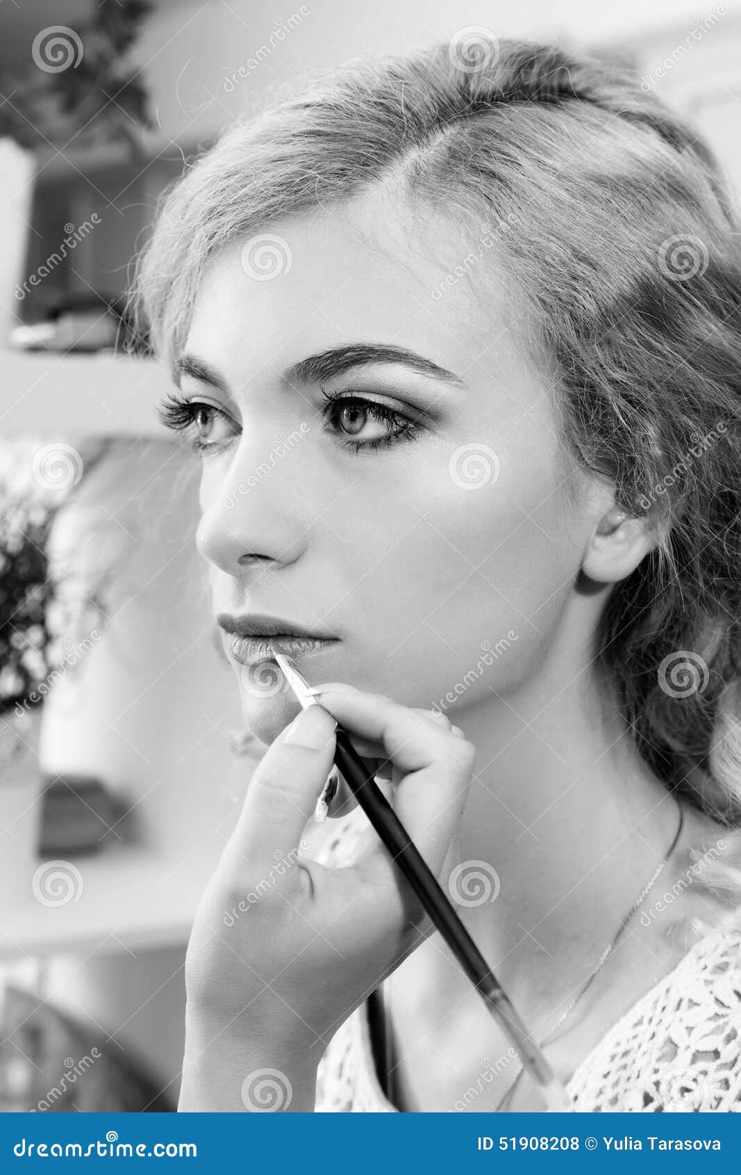 Make-up Artist Applying Lipstick on Model S Lips Stock Photo - Image of ...