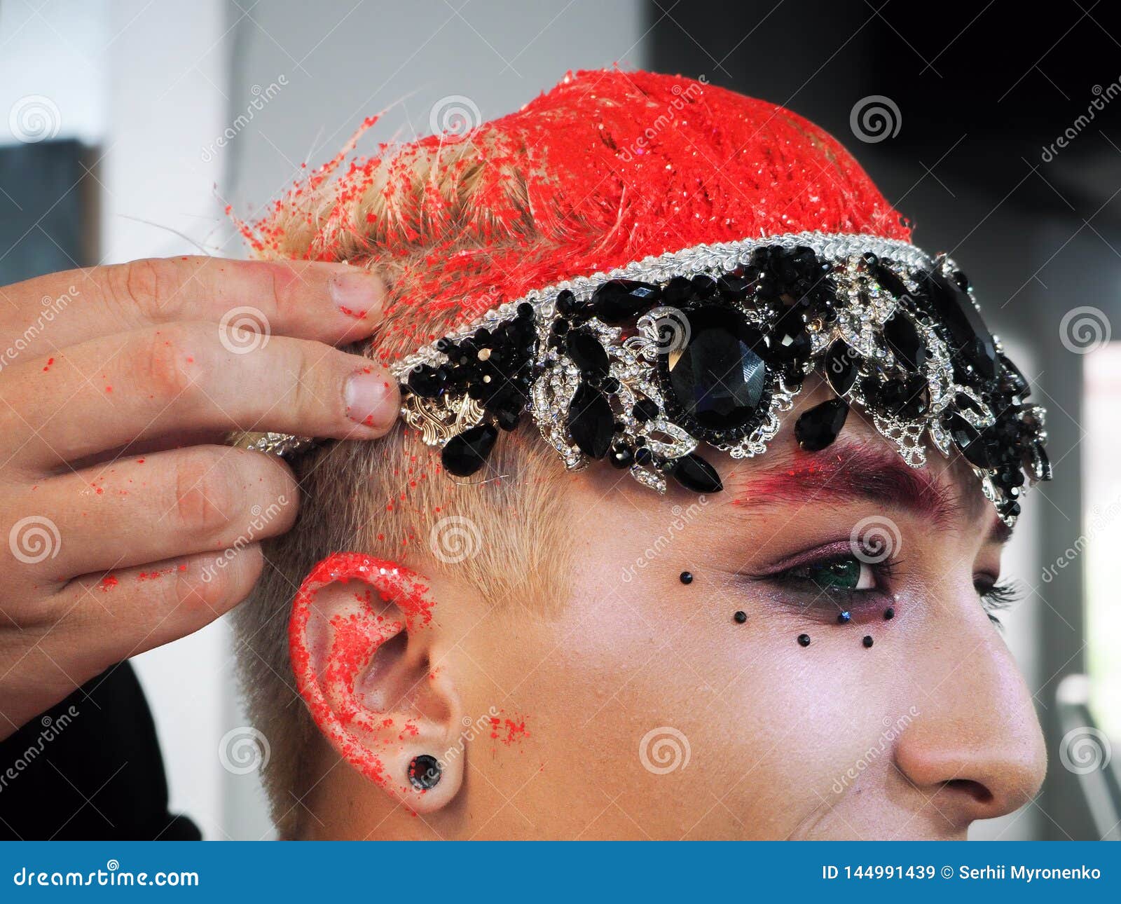 Make Up Artist Makes Make-up Blond Male Model Close-up Stock Image ...