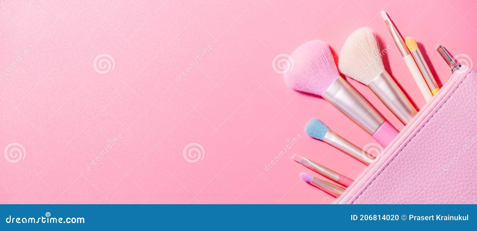 Make Up Brushes with Powder on Pink Background Stock Photo - Image of ...
