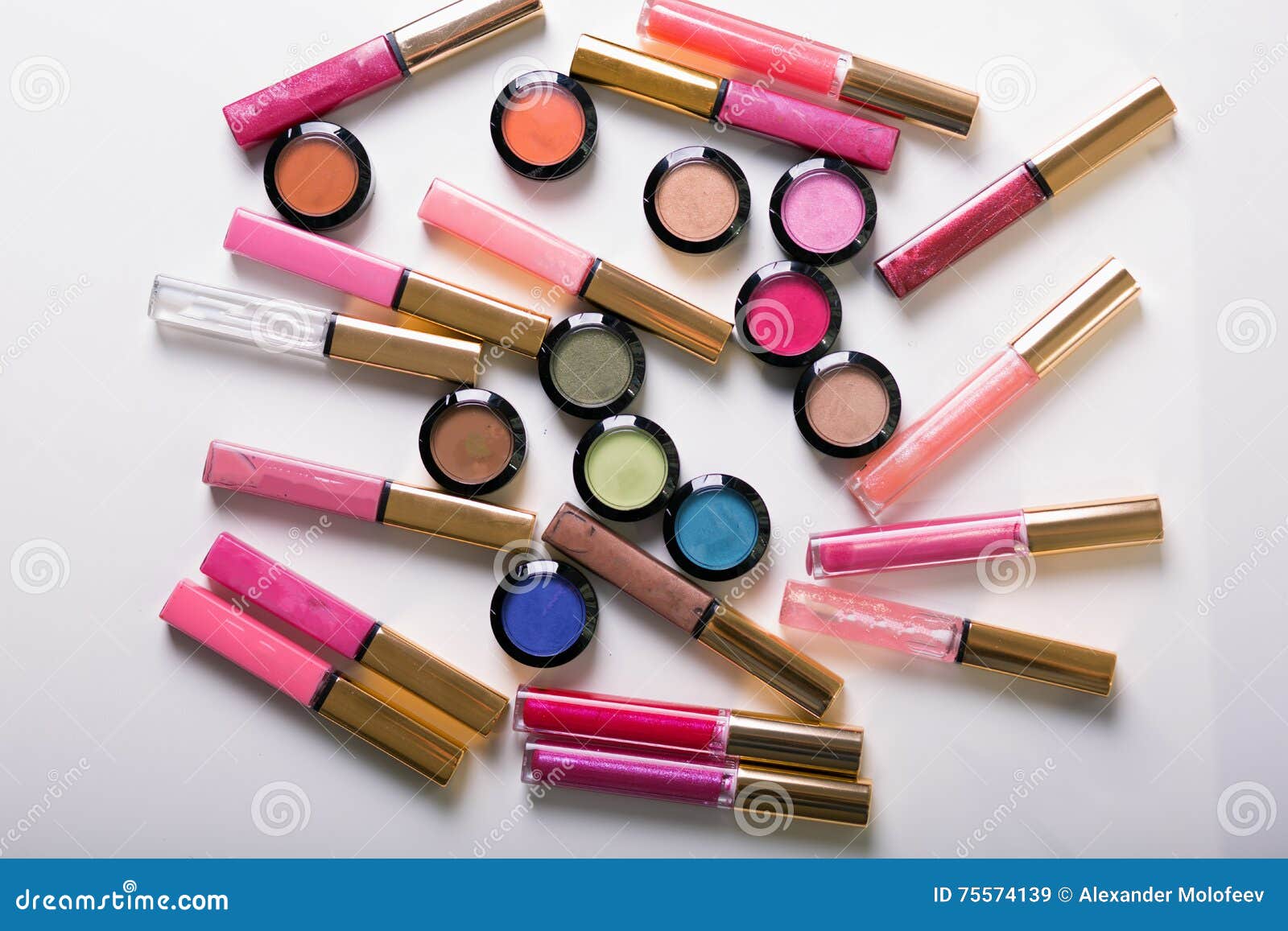 Make-up Eye Shadows with Lip Gloss. View from Above. Flat Lay Stock ...