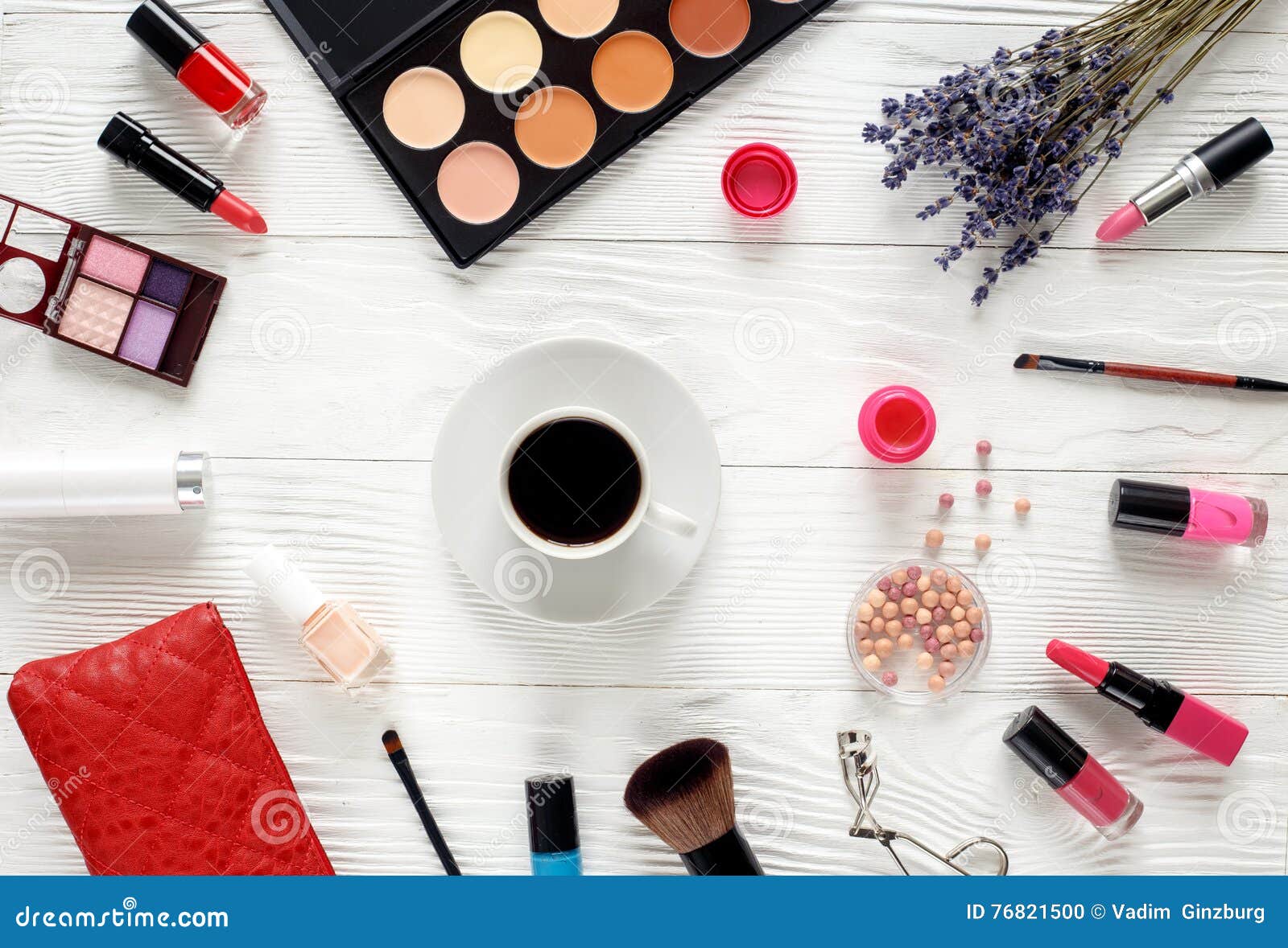 Make Up Set on White Table with Lavender Top View Stock Photo - Image ...