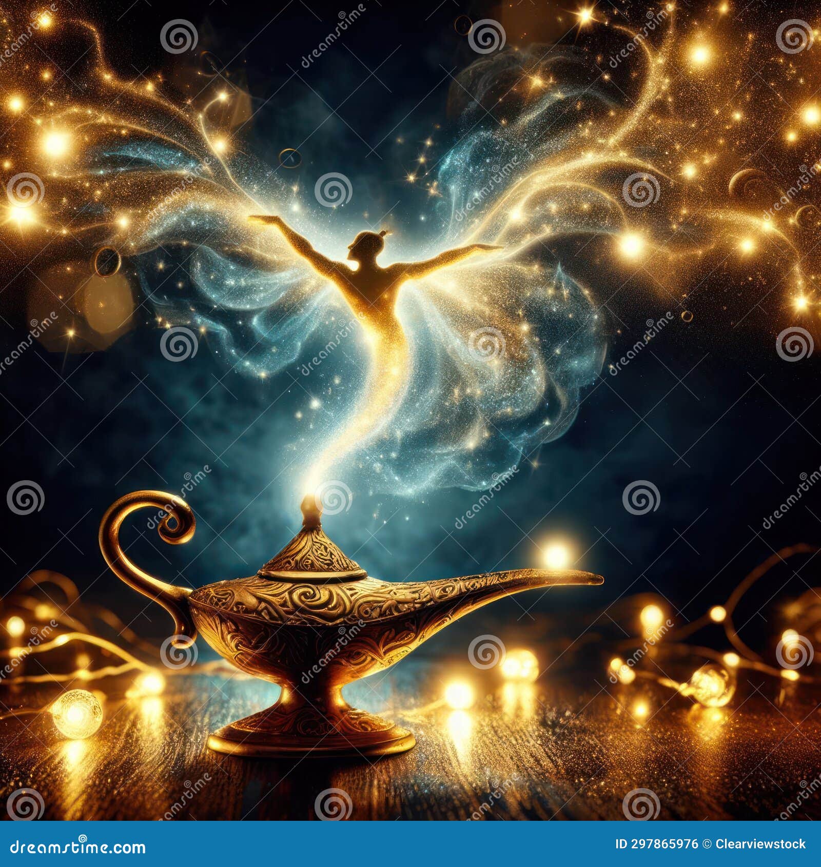 Magic Genie Lamp With Smoke With Place For Text On A Blue Background ...