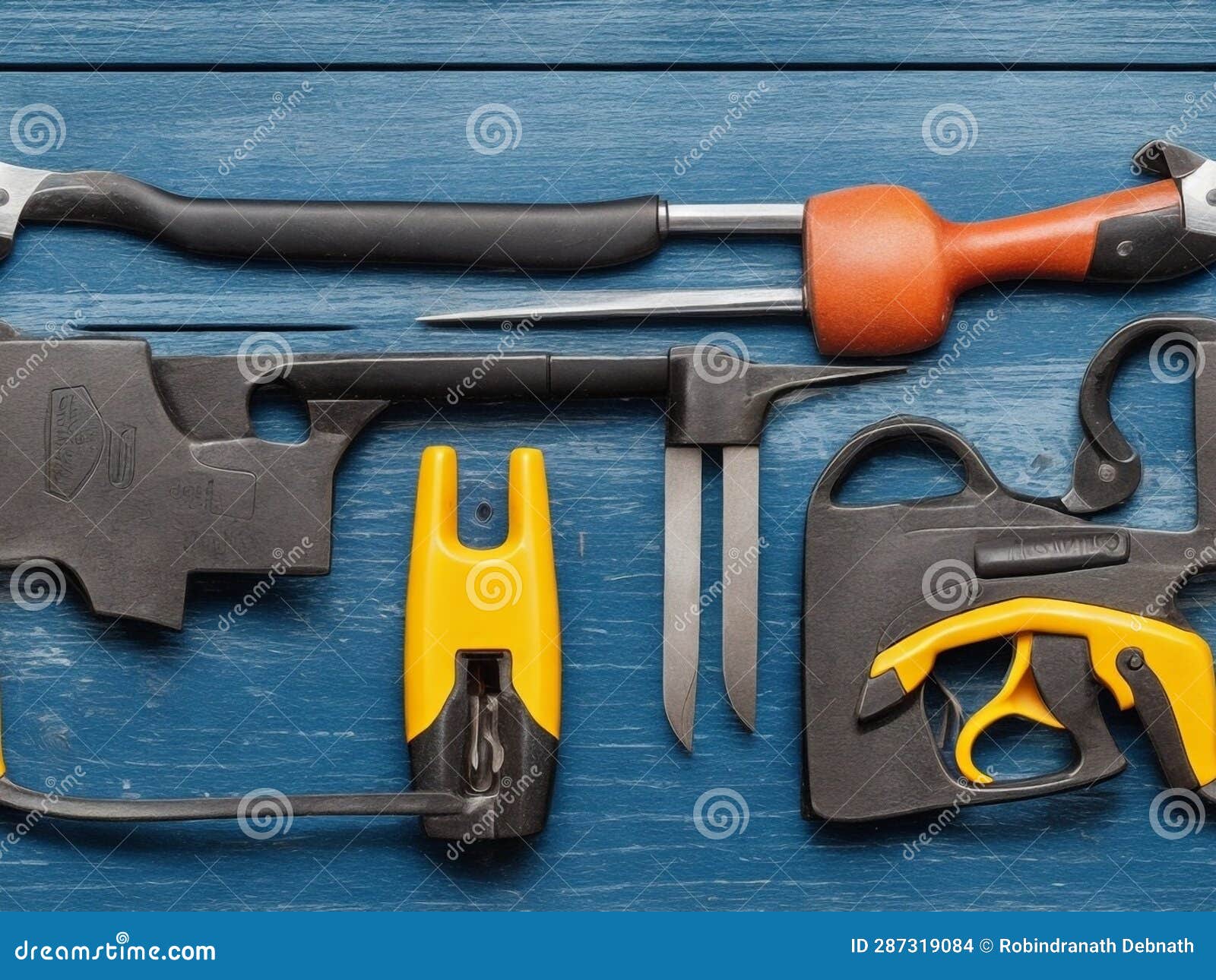 Variety of Construction Tools on Blue Wooden Background. Top View with ...