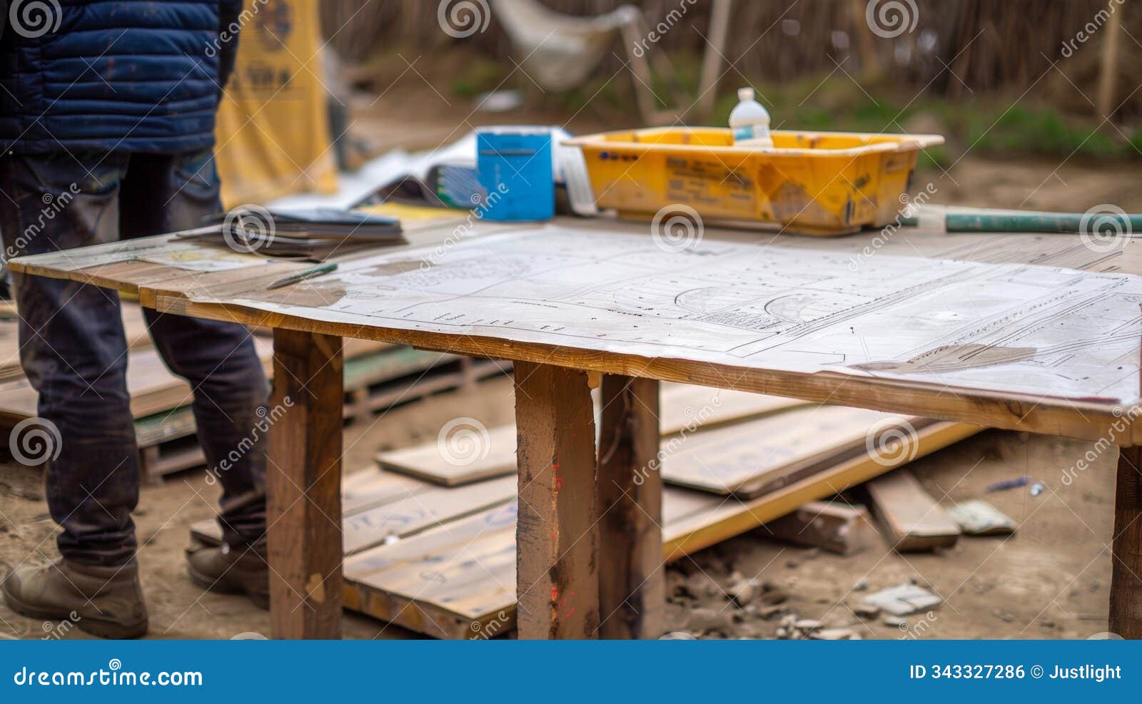 On a Makeshift Table Charts and Diagrams Show the Detailed Planning ...