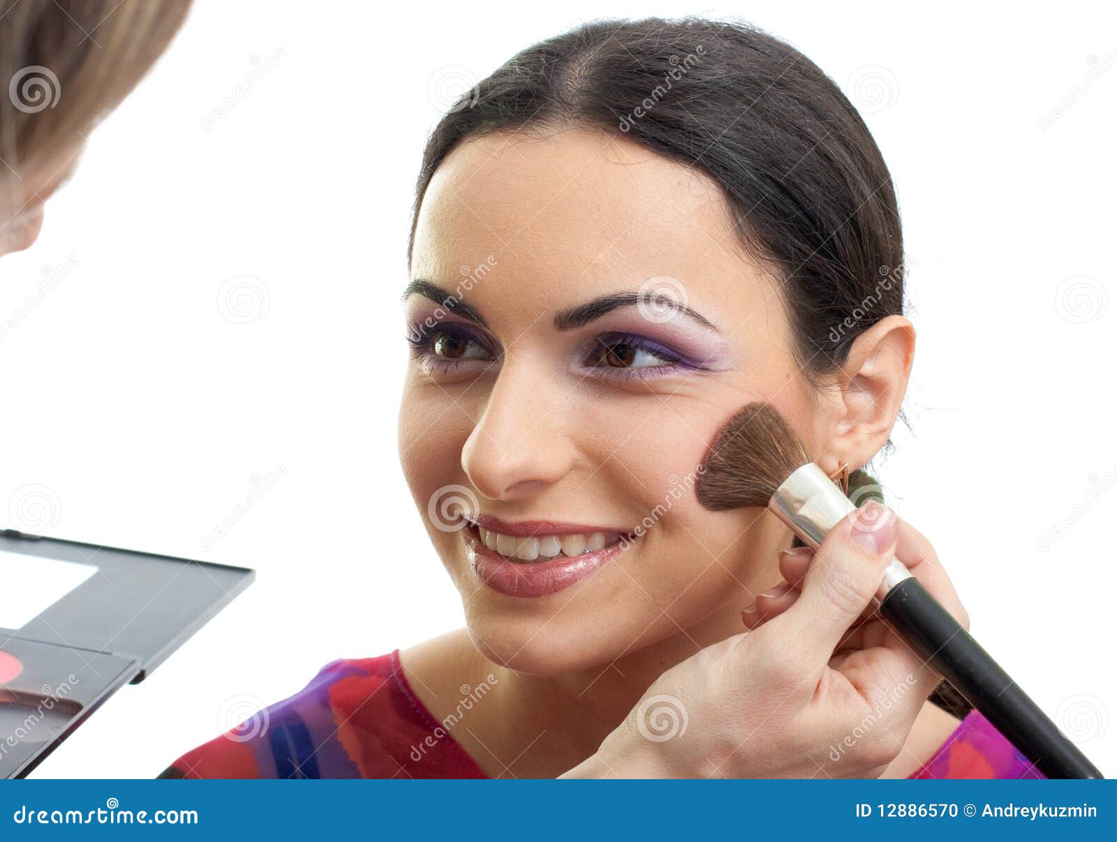 Makeup Applying Blusher To Smiling Model Isolated Stock Photo - Image ...