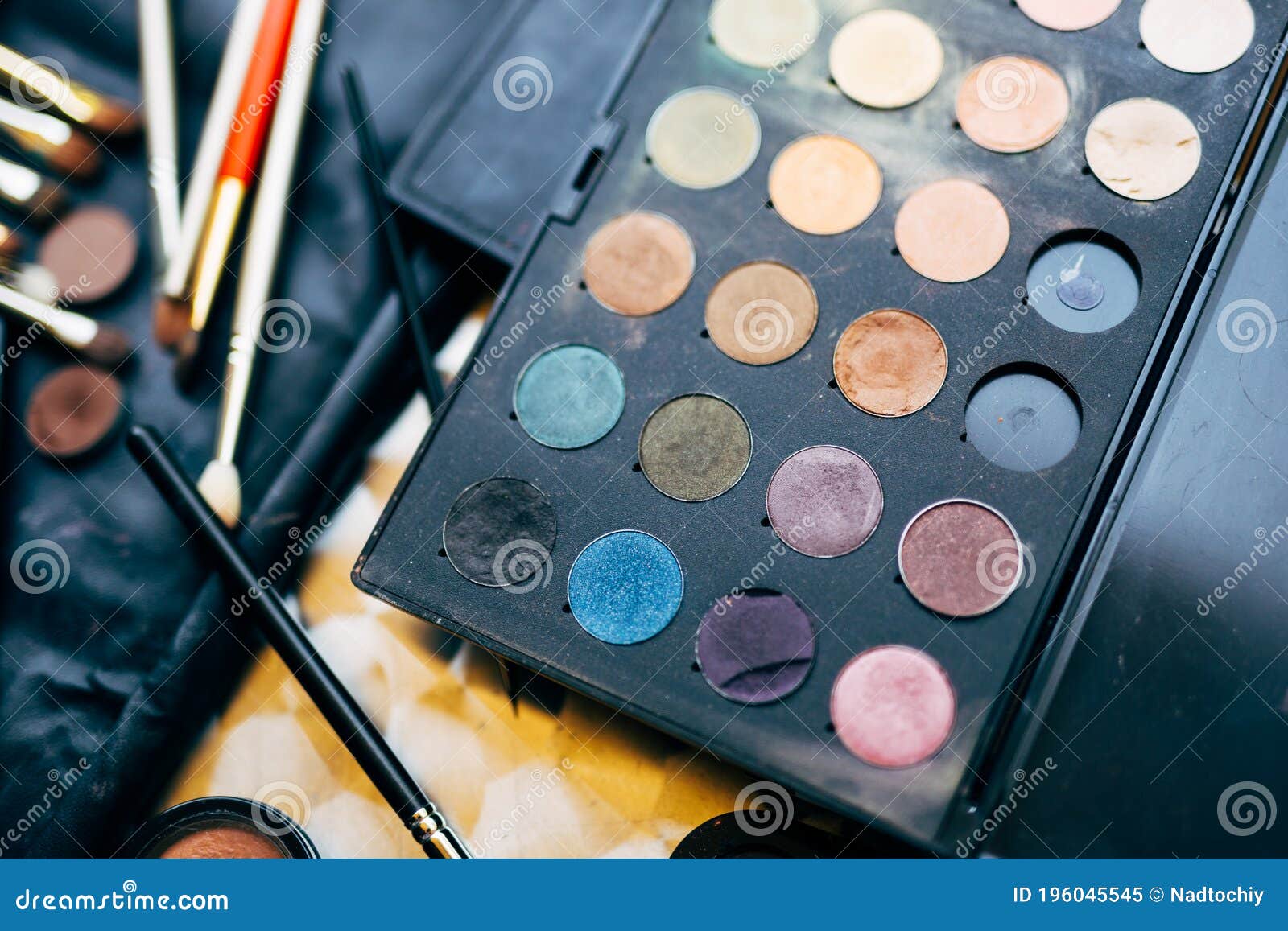 Makeup Artist Set. Close-up of a Palette of Eyeshadows of Different ...
