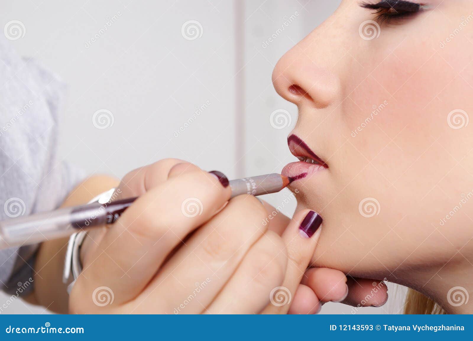Makeup Artist Tracing Red Contour on the Lips Stock Image - Image of ...
