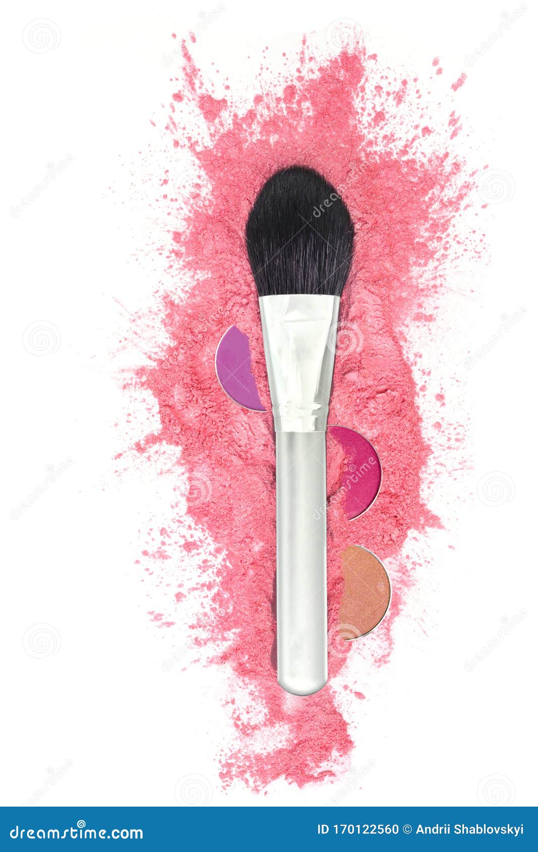 Makeup Brush and Pink Powder on a White Background, Close-up. View from ...