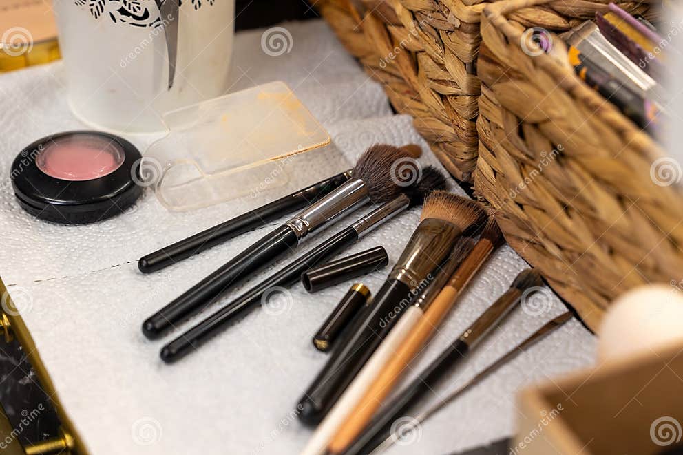 Makeup Brushes are Scattered Table the Work Makeup Artist Creative Mess ...