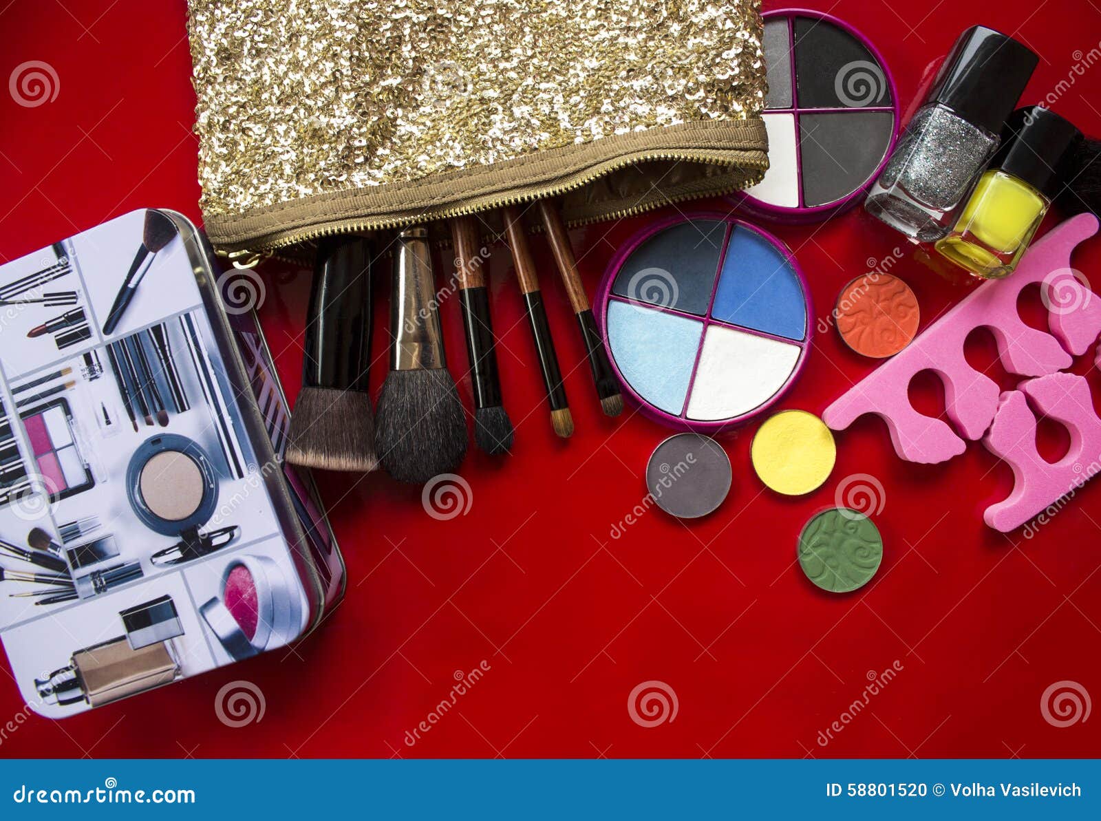 Makeup Collection.Eye Shadow, Makeup Brushes on Red. Stock Photo ...