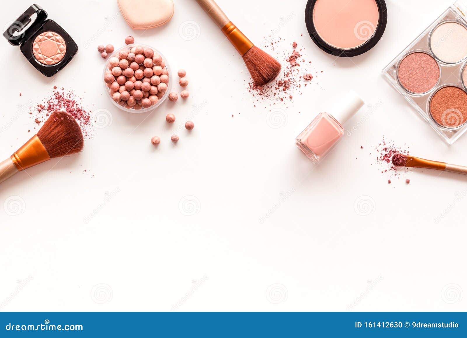 Makeup Concept. Frame with Decorative Cosmetics and Brushes on White ...