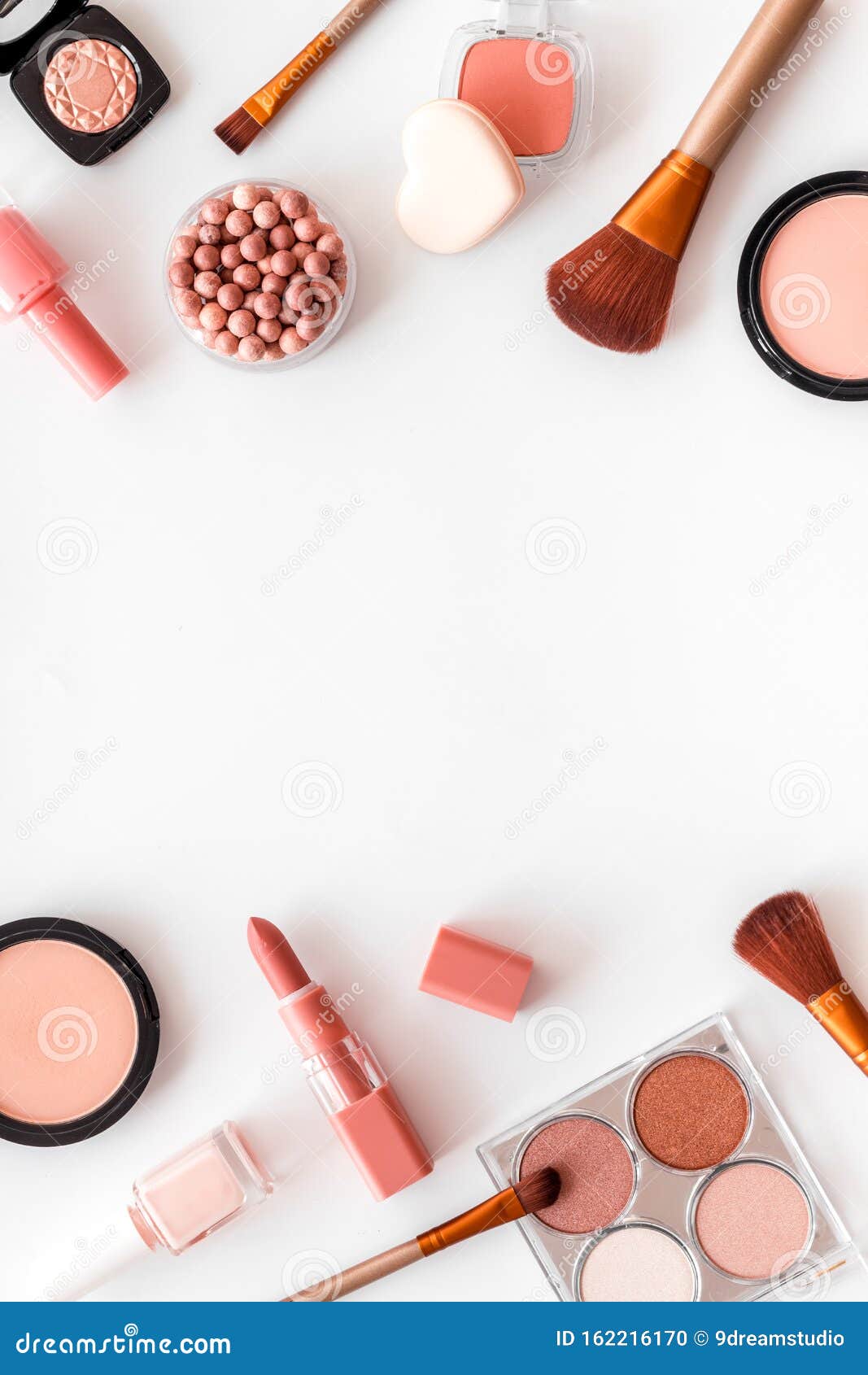 Makeup Concept. Frame with Decorative Cosmetics and Brushes on White ...