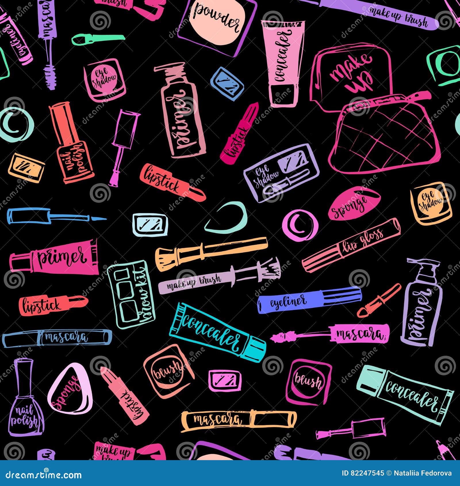 Makeup Cosmetic Elements Pattern with Lettering. Stock Vector ...