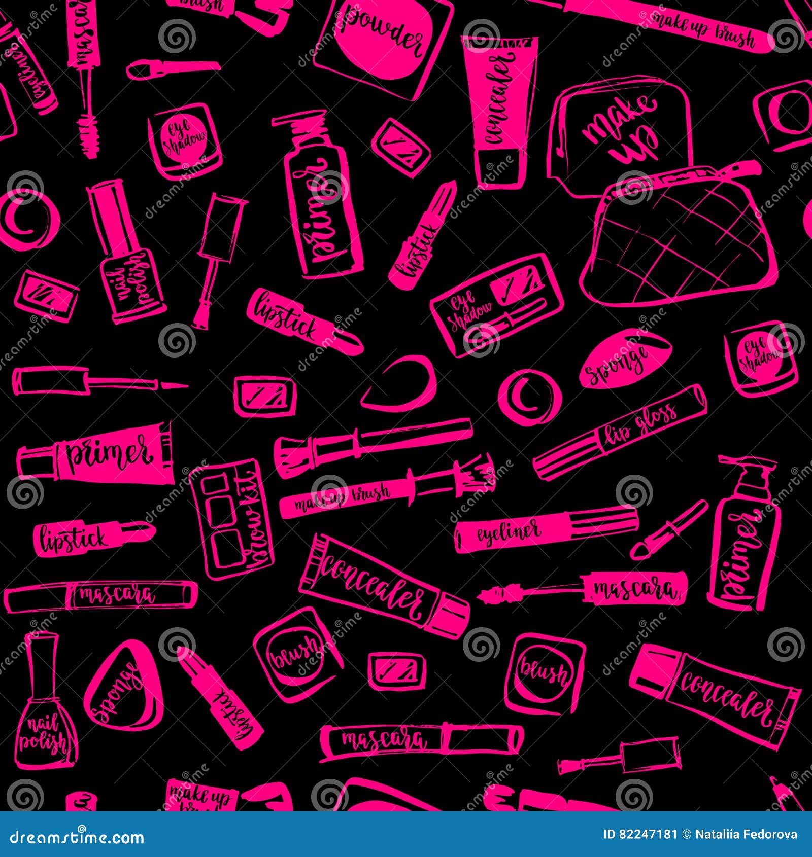 Makeup Cosmetic Elements Pattern with Lettering. Stock Vector ...