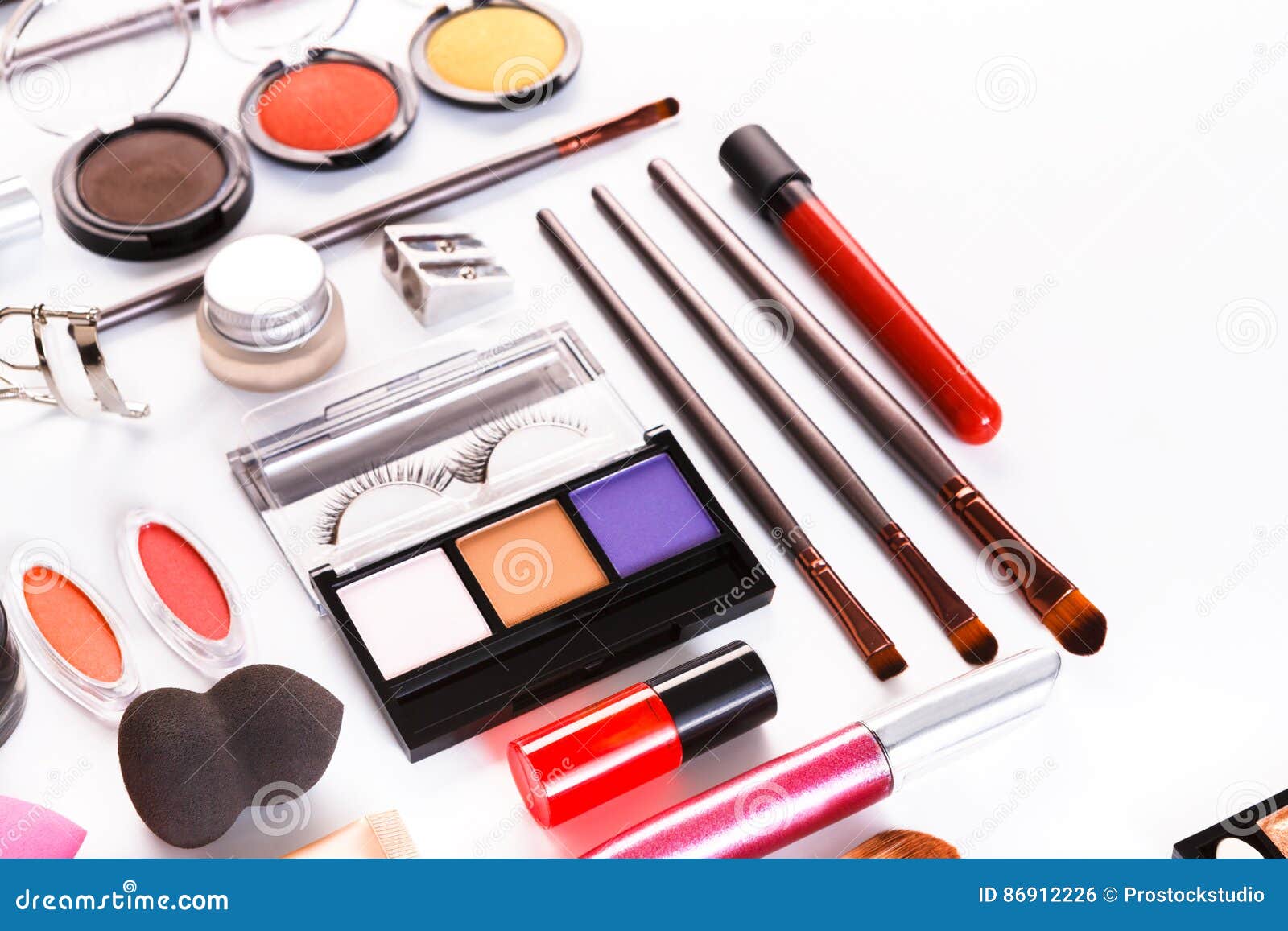 Makeup Cosmetics Tools and Essentials, Flat Lay on White Background ...