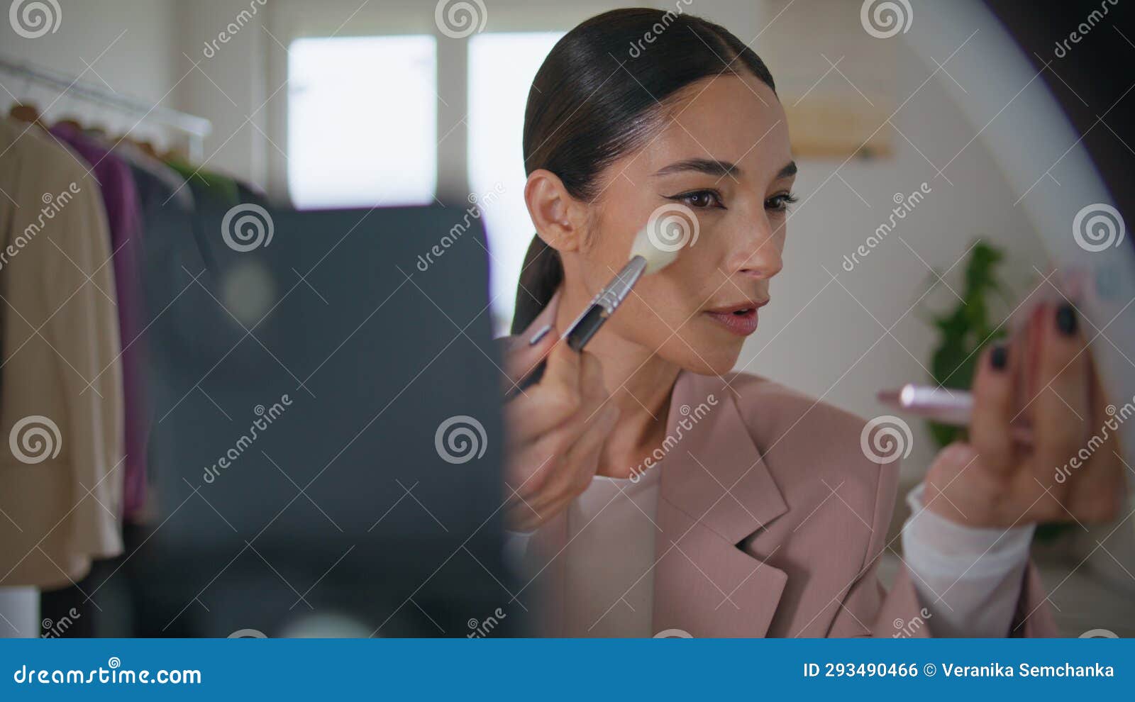 Makeup Creator Applying Foundation Talking at Apartment. Woman Visage ...