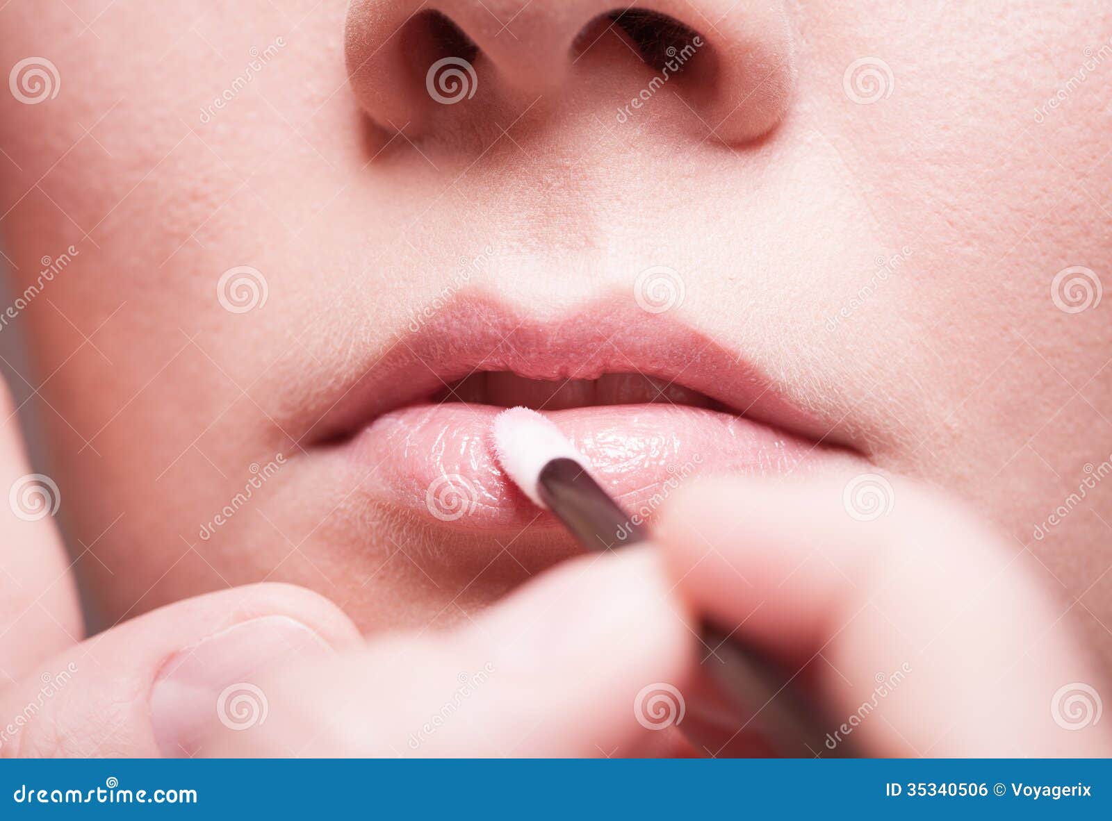 Makeup Girl Applying Lipgloss Lipstick On Lips Part Of Face Stock