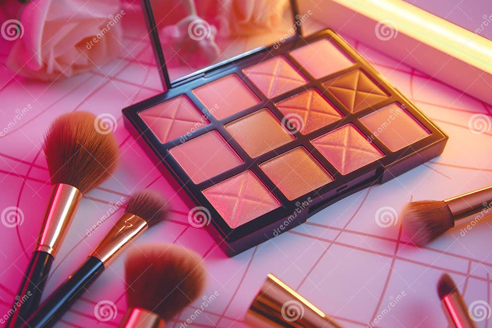 Makeup Palette and Brushes Arranged on a Geometric Patterned Surface ...