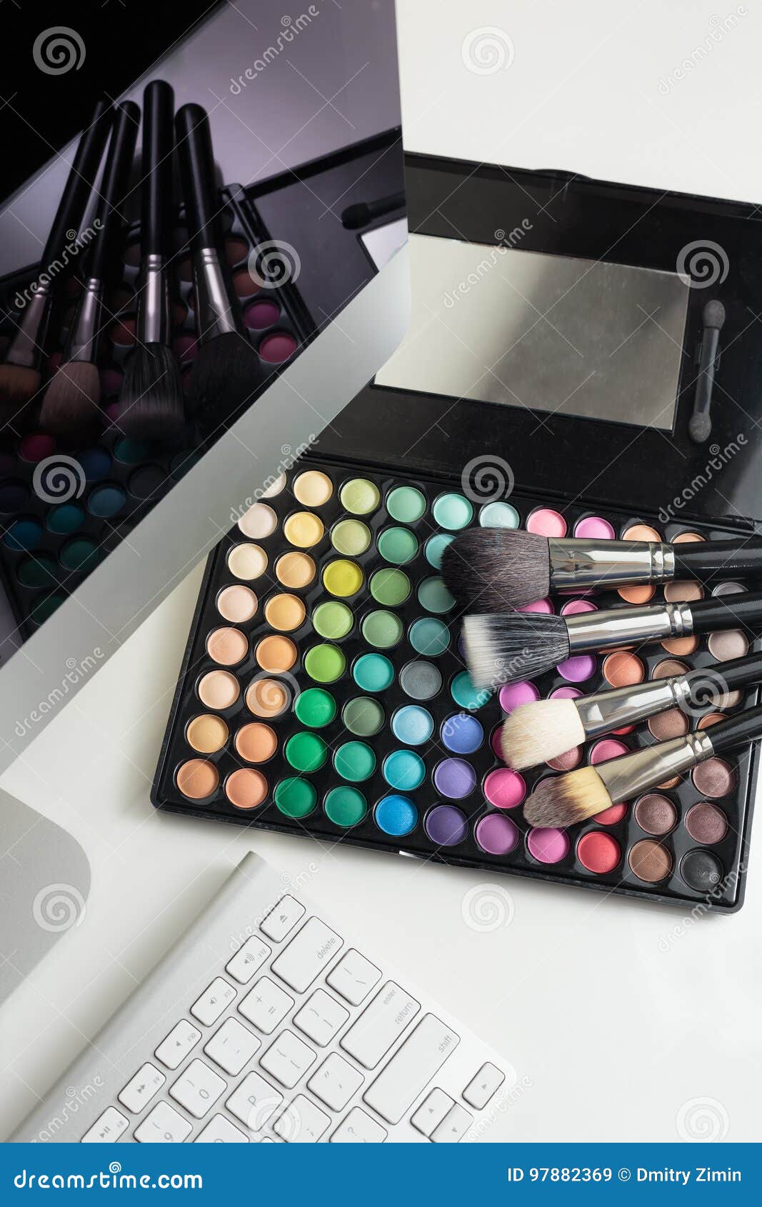 Makeup Palette with Brushes, Keyboard, Computer Monitor Stock Image ...