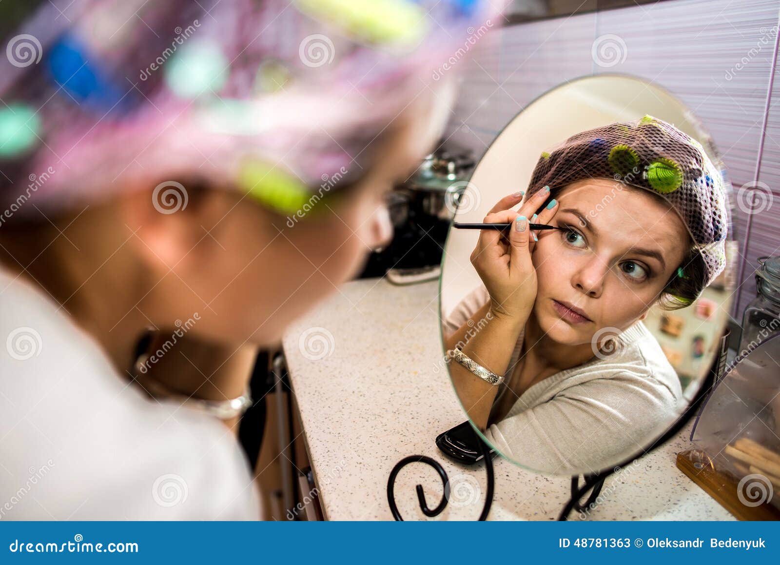 Makeup process stock image. Image of close, mirror, brunette - 48781363