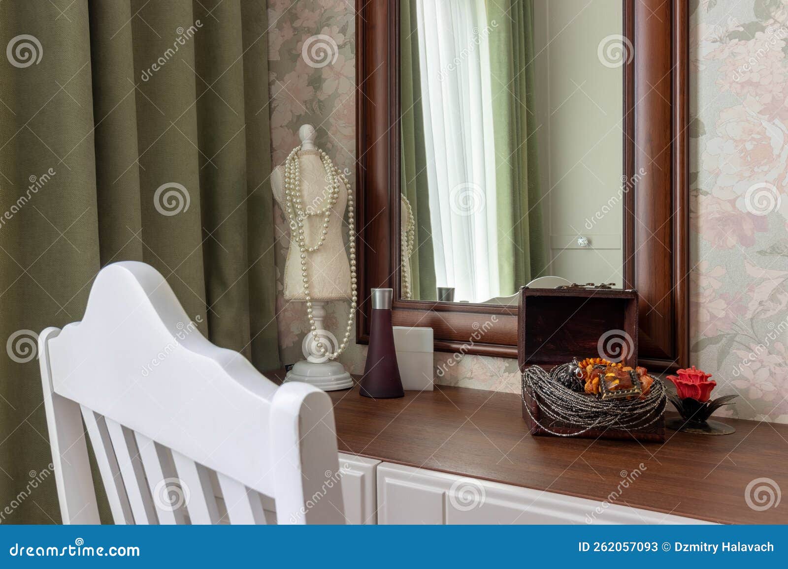 Makeup Room Interior with Wooden Table and Large Mirror Stock Image ...