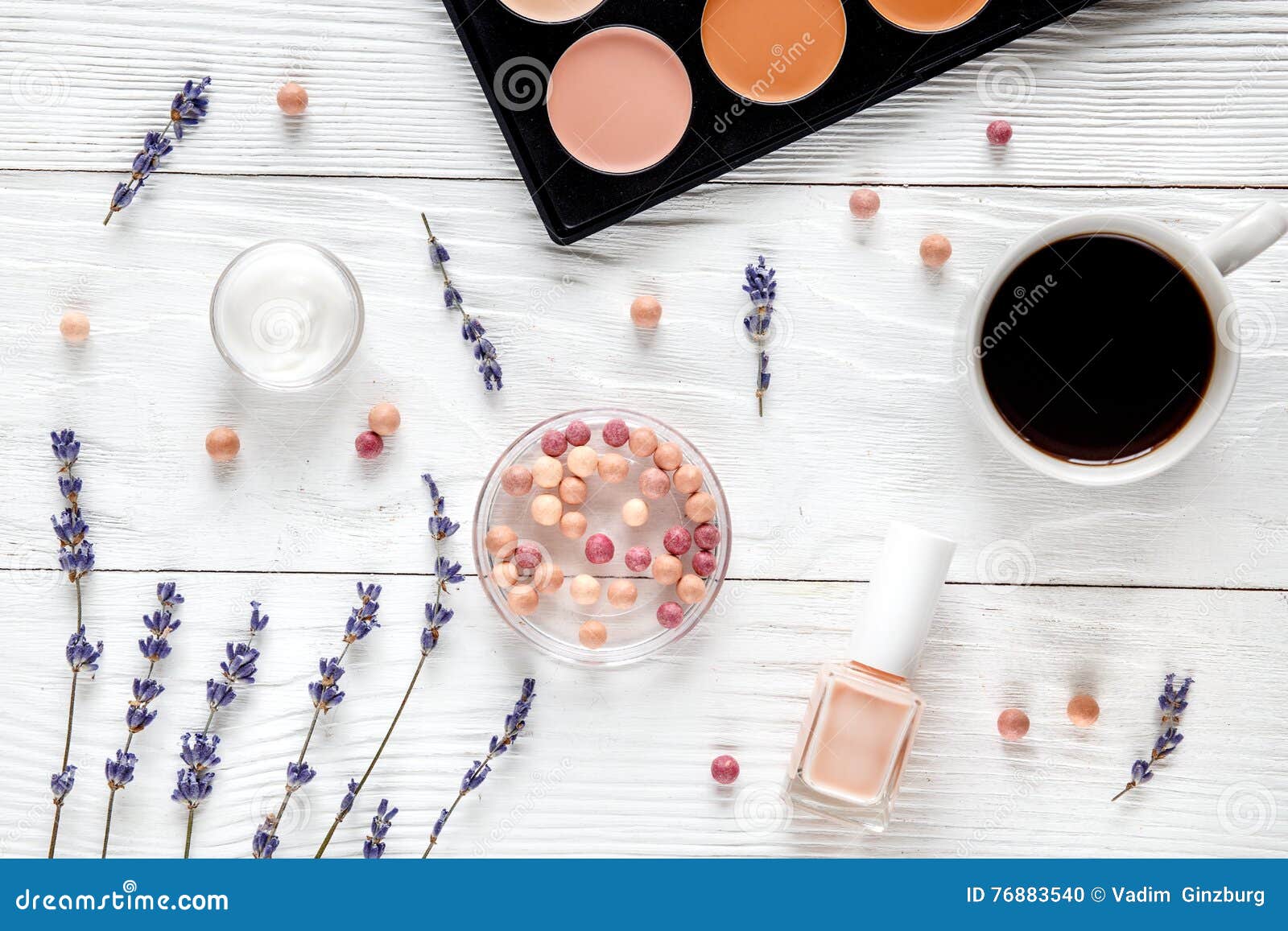 Makeup Set on White Table with Lavender Top View Stock Photo - Image of ...
