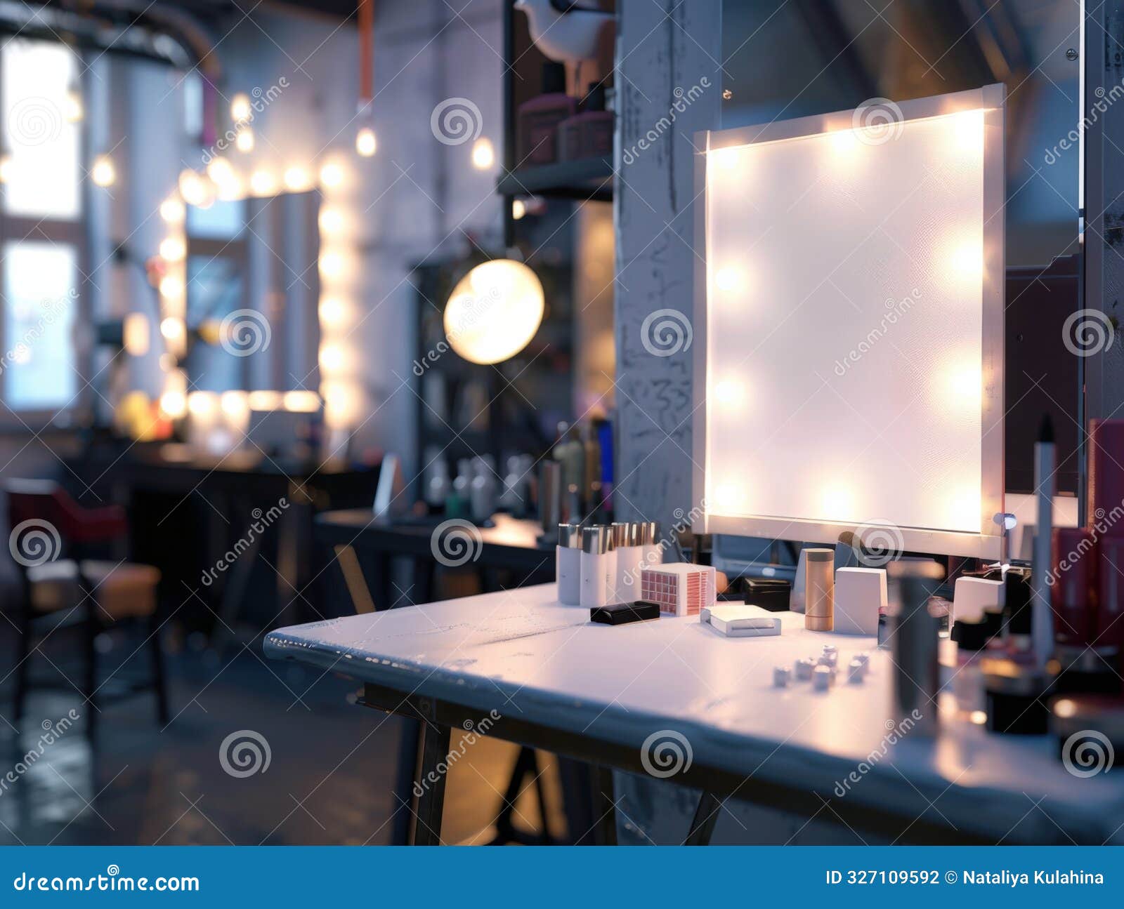 Makeup Studio with a Blank Lighted Sign on the Table Stock Photo ...