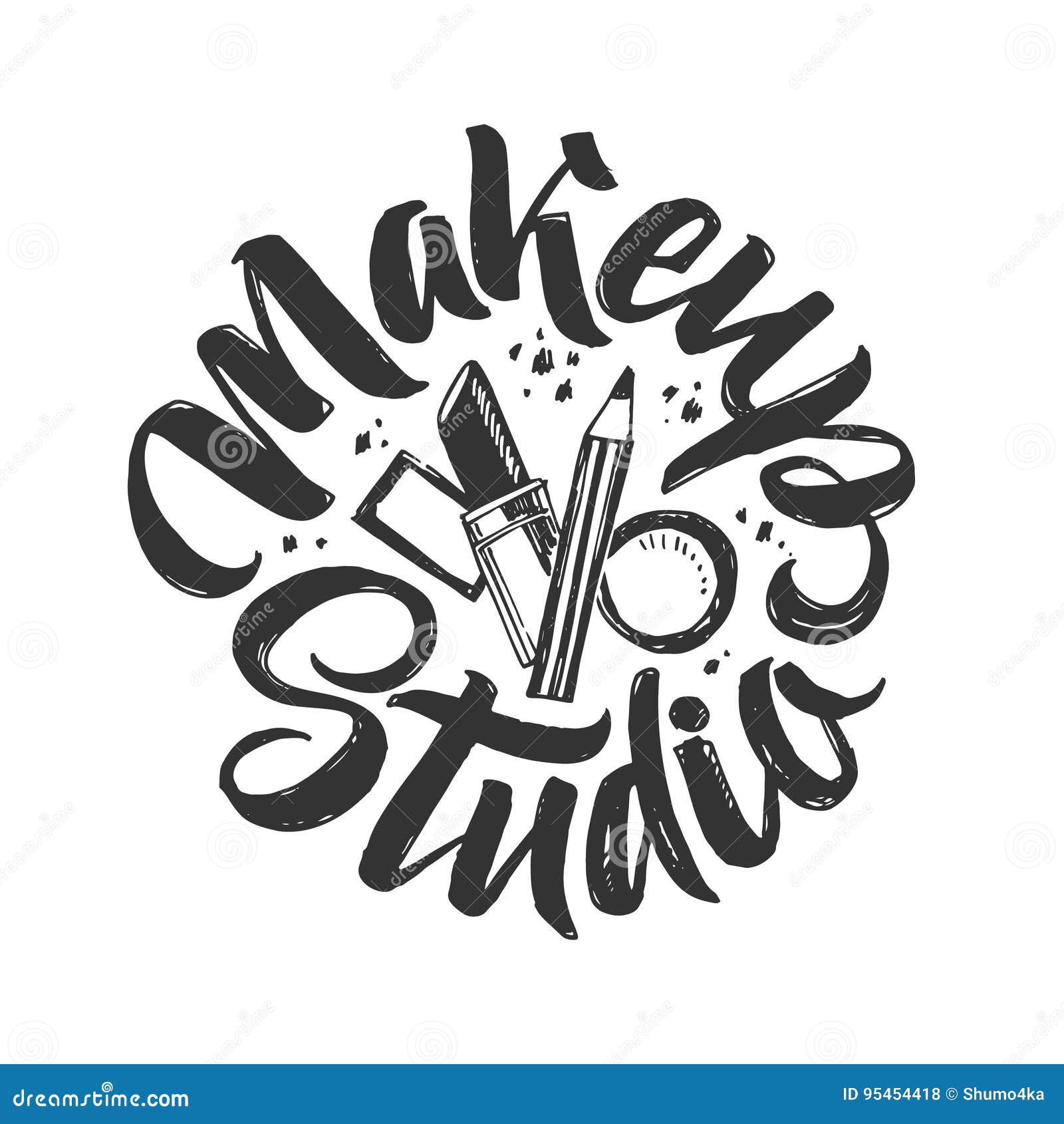 Makeup Studio Vector Logo. Hand Drawn Illustration Of Cosmetics. Round ...