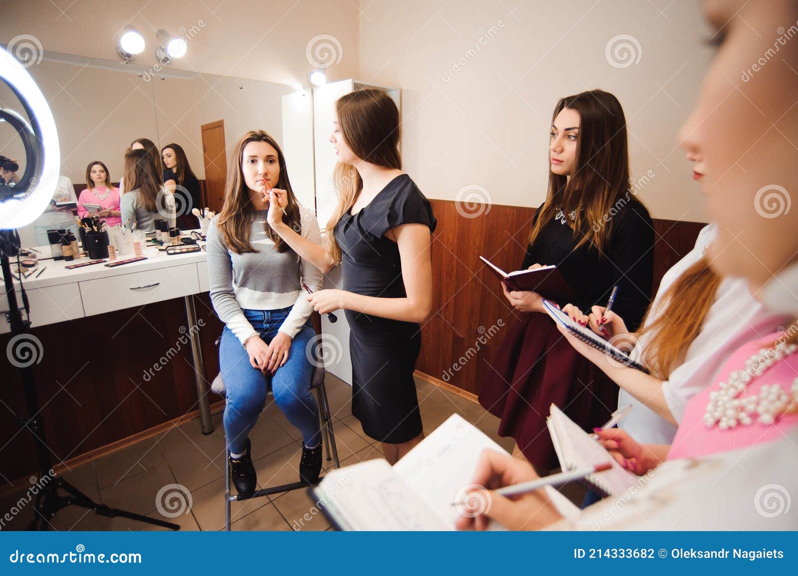 Makeup Teacher with Her Student Girls. Makeup Tutorial Lesson at Beauty ...