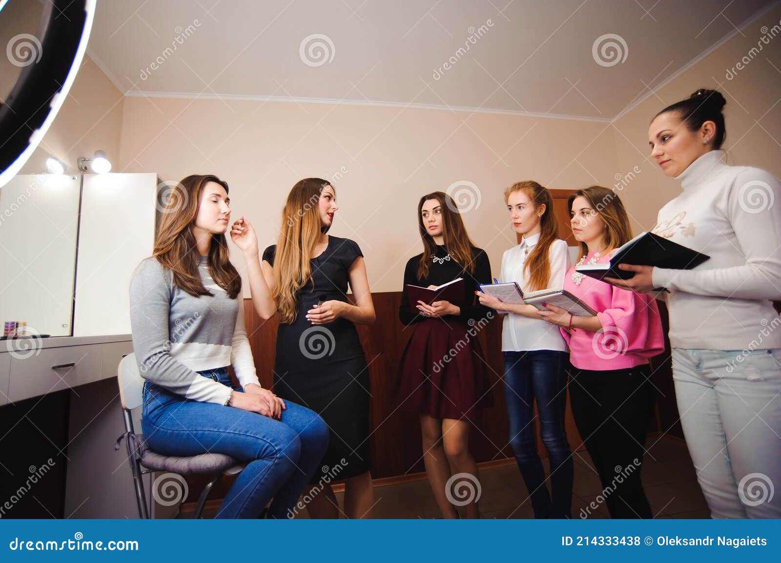 Makeup Teacher with Her Student Girls. Makeup Tutorial Lesson at Beauty ...