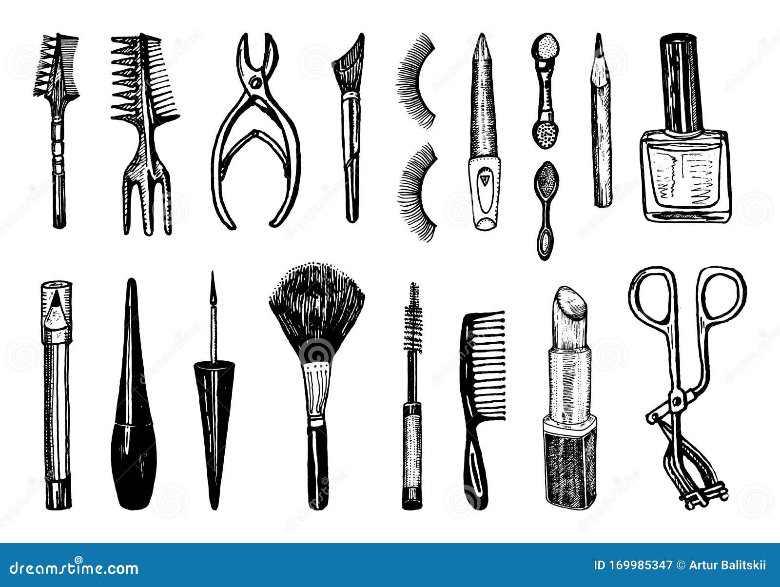 Makeup Tools Set. Doodle a Collection of Female Elements for Eyebrows ...
