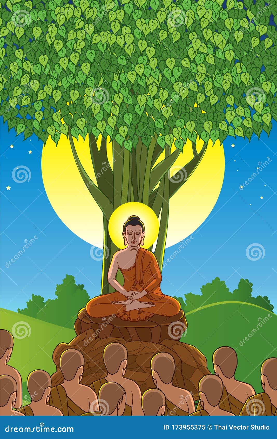 Makha Bucha Greeting Card. Buddha Character Sitting Under Bodhi Tree In ...