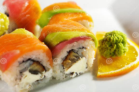 Maki Sushi - Rainbow Roll stock photo. Image of colored - 11614446