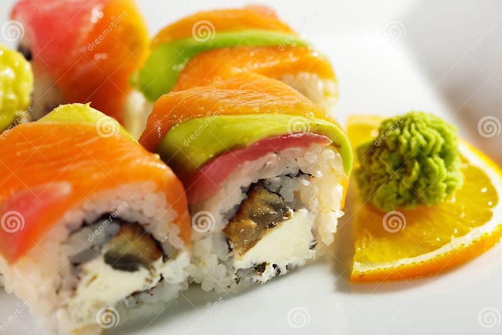 Maki Sushi - Rainbow Roll stock photo. Image of colored - 11614446