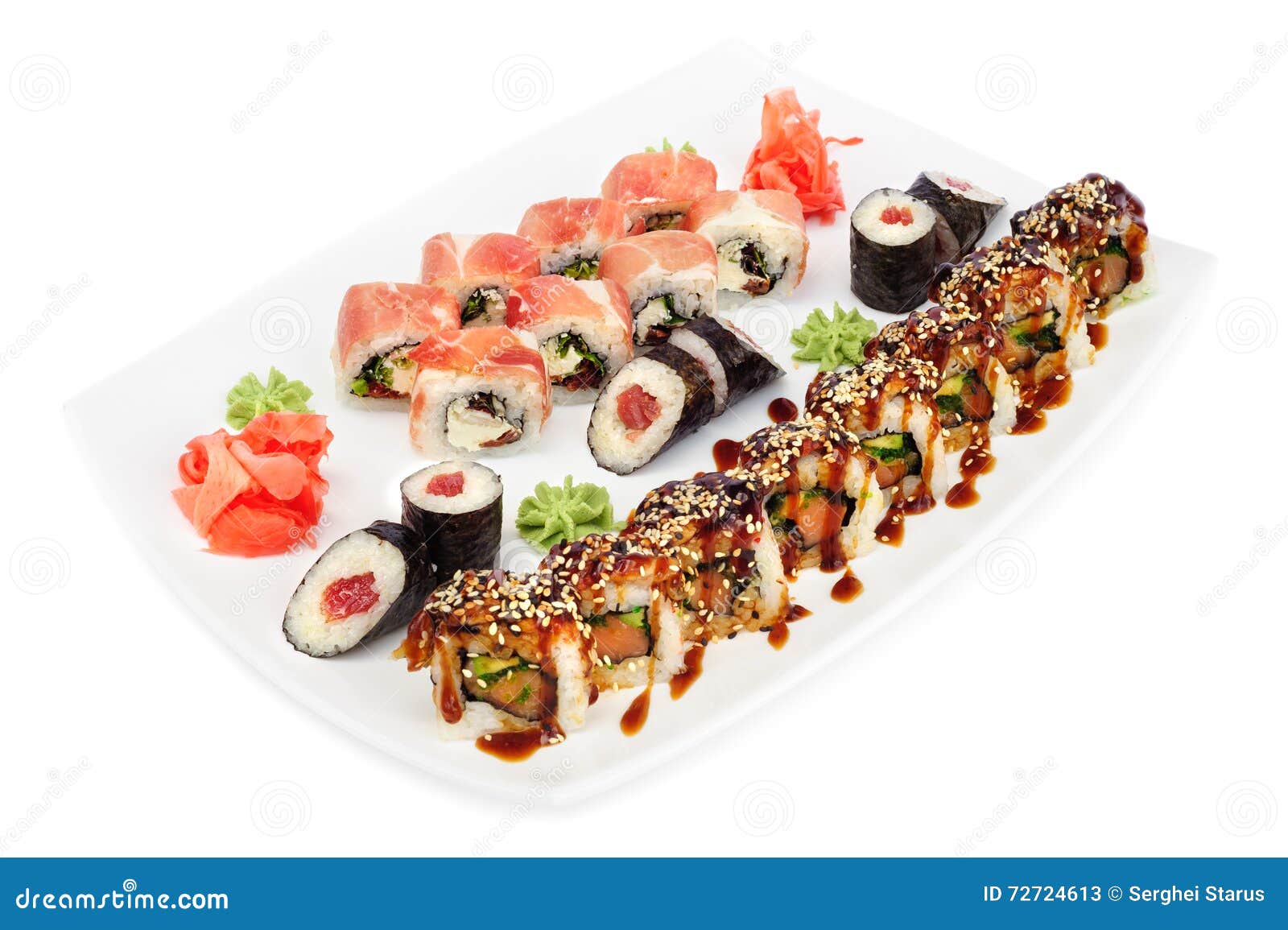 Maki and Uramaki Sushi Set of Rolls on White Stock Image - Image of ...