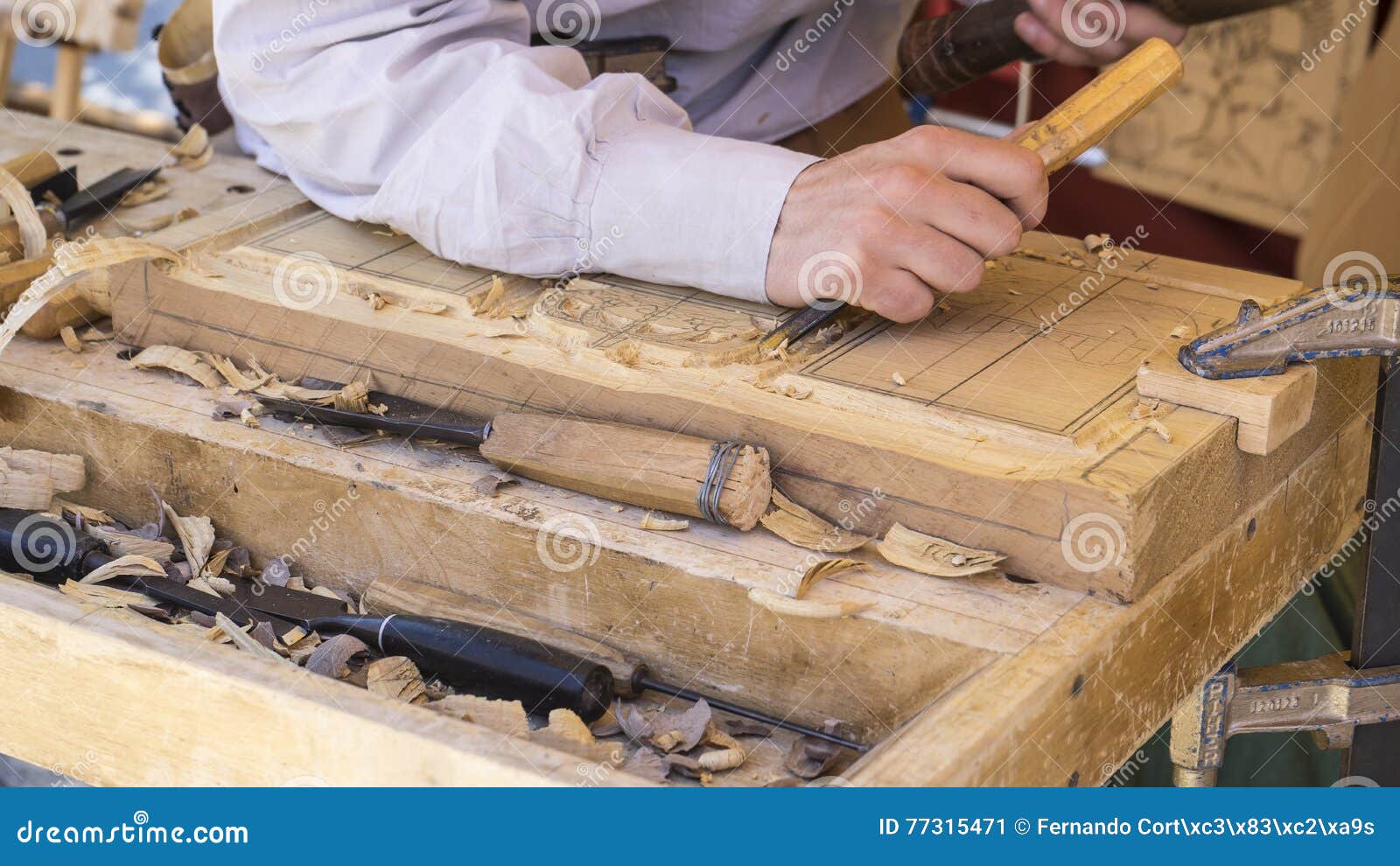 Making Craftsman Carving Wood in a Medieval Fair, Carpentry Tool Stock ...