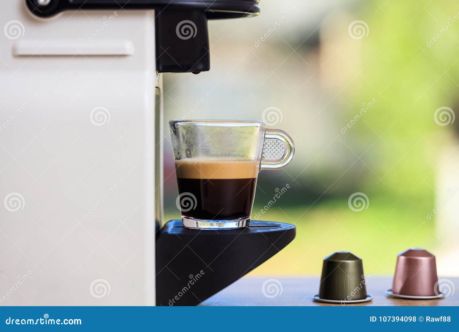Espresso Coffee Machine on a Wooden Table, Blur Background, Space for ...