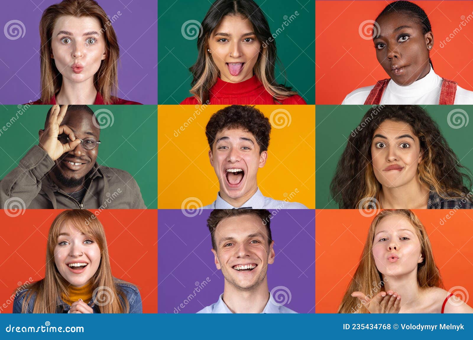 Collage Made Portraits of Group of Multiethnic People on Multicolored ...